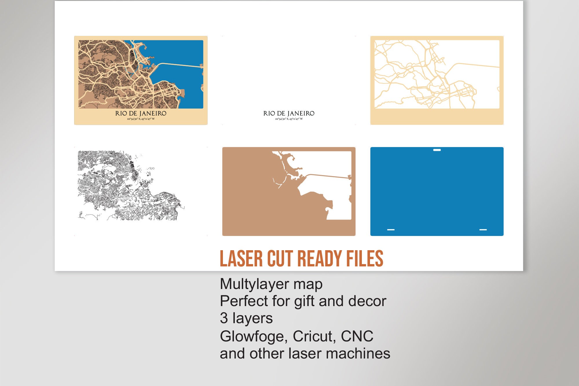 3D Laser Cut Map of Rio De Janeiro - Brazil Multi Layer Street Map ...