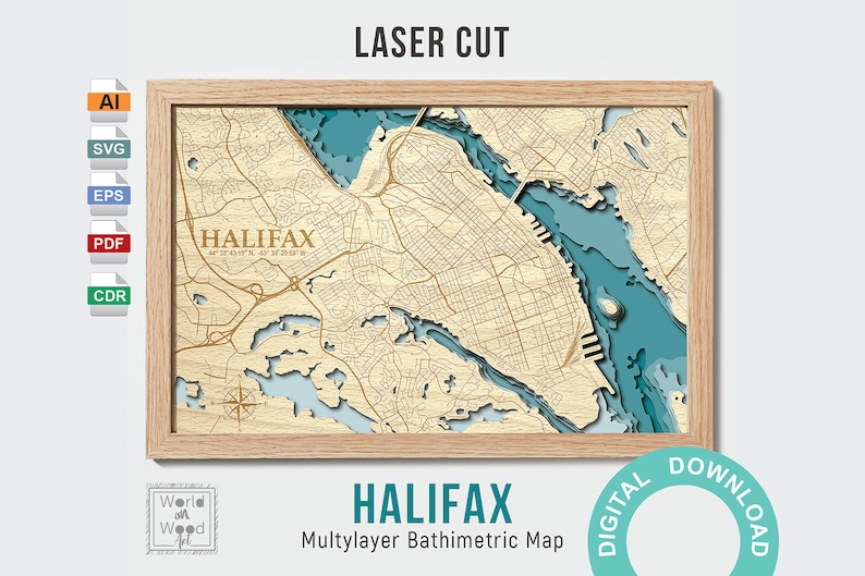 Laser Cut Halifax Map, 3D Wood Bathymetry, Nova Scotia (digital File ...