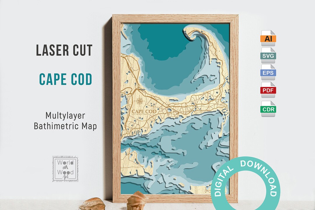 Cape Cod Map Layered File - Svg, Pdf, 3D Topographic Map, Laser Cut ...