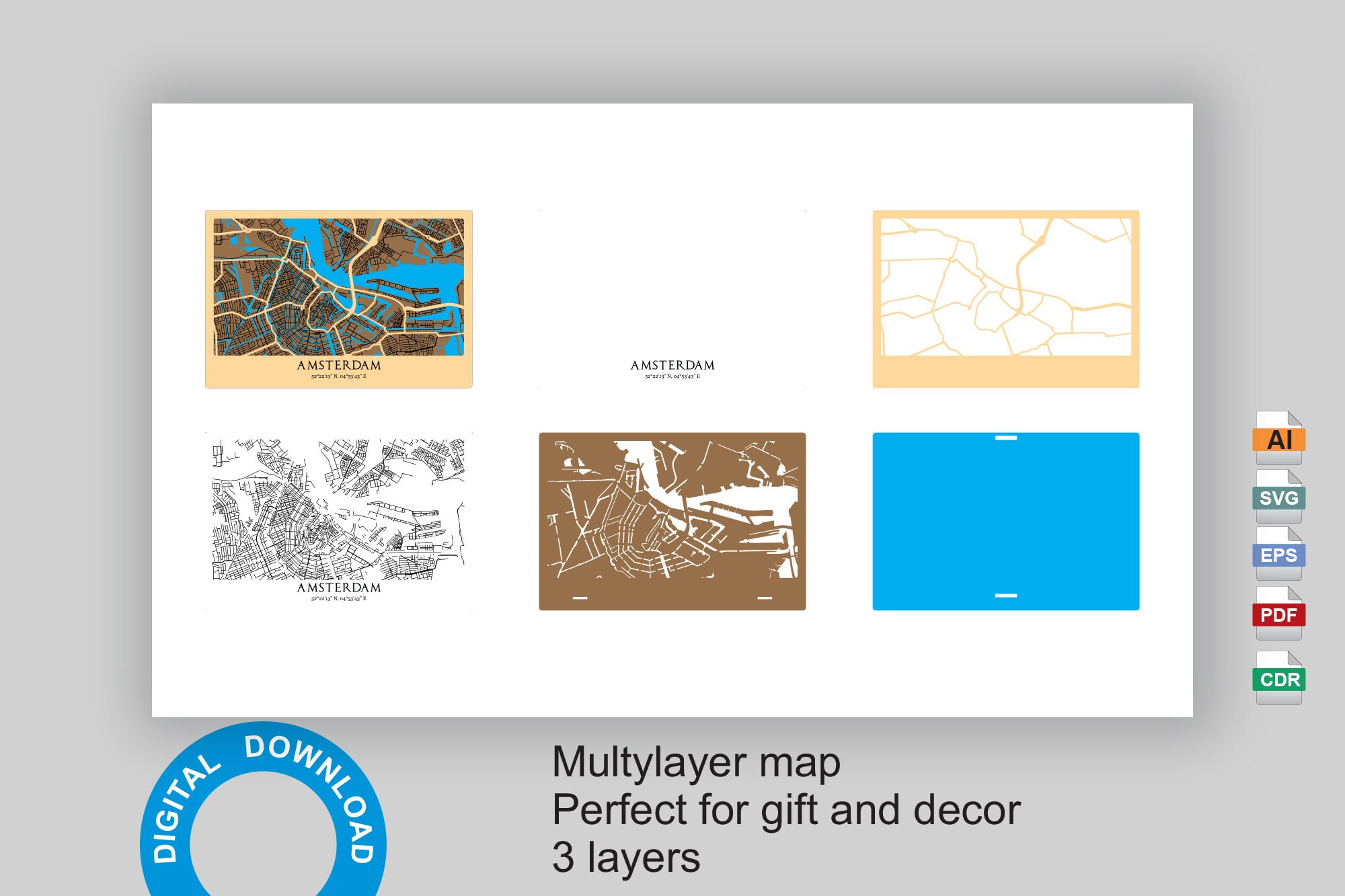 Digital File Amsterdam 3D Laser Cut Map Multilayer Map Decor Laser Cut ...