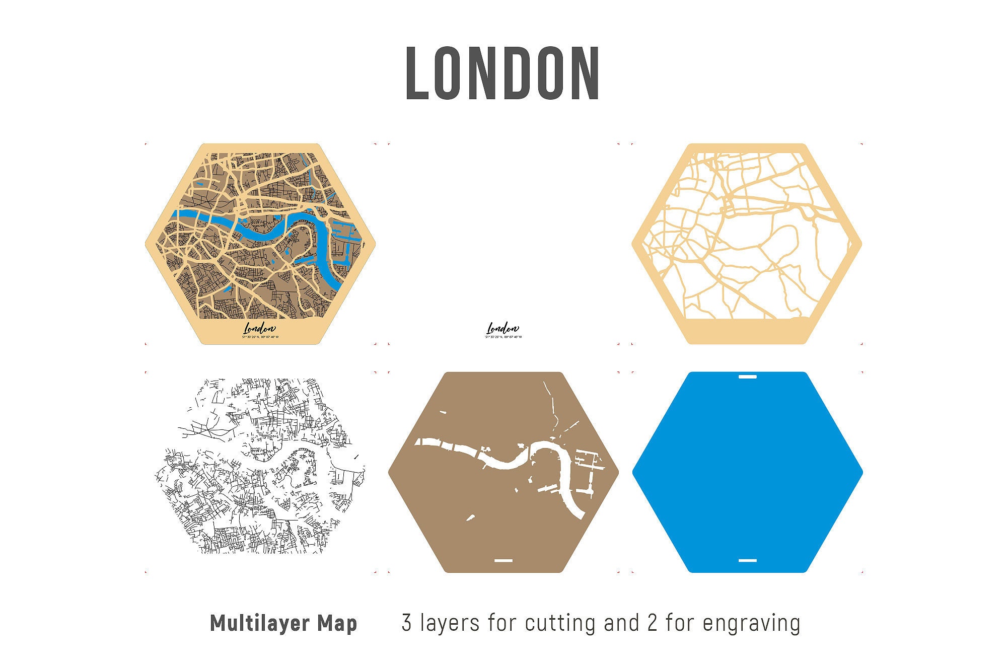 London Map SVG Laser Cut, Hexagon Map, 3D Hex Shape, Multilayer Street ...