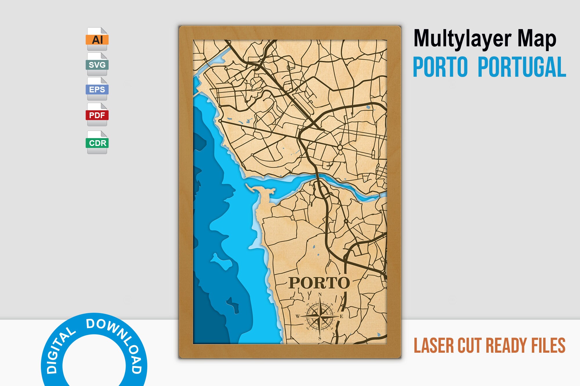 Digital File - Porto Portugal Coast SVG, PDF - Wood Multilayer Laser ...