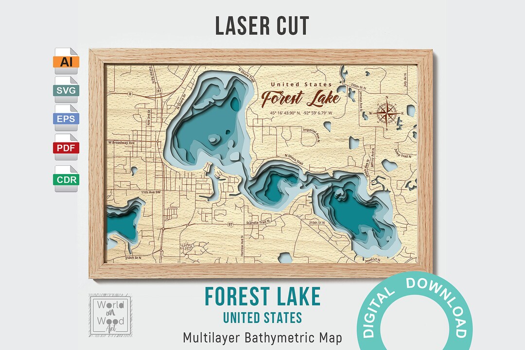 Digital File PDF, SVG, Ai - Forest Lake Map, Minnesota Bathymetric ...