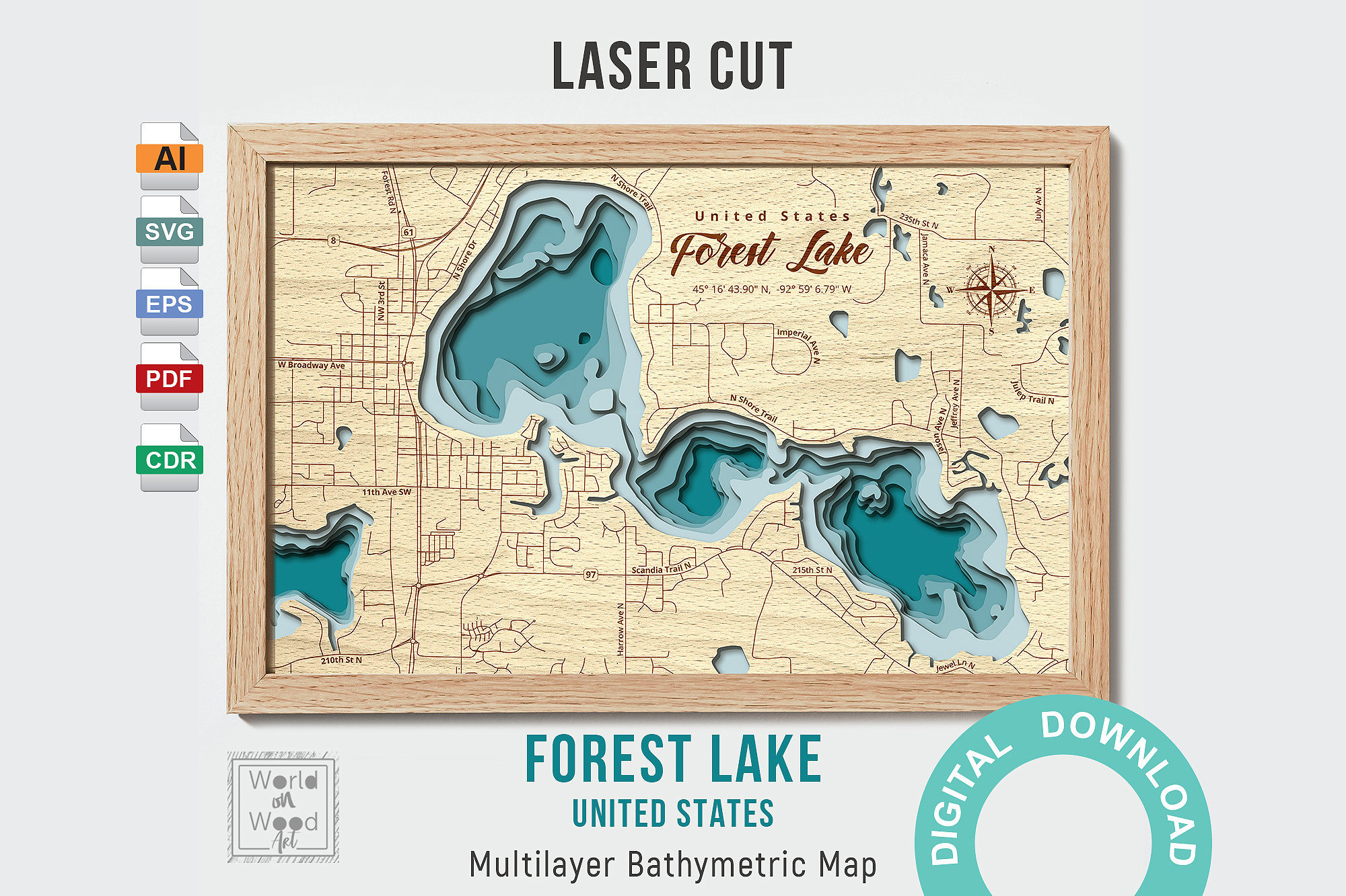 Digital File PDF, SVG, Ai - Forest Lake Map, Minnesota Bathymetric ...