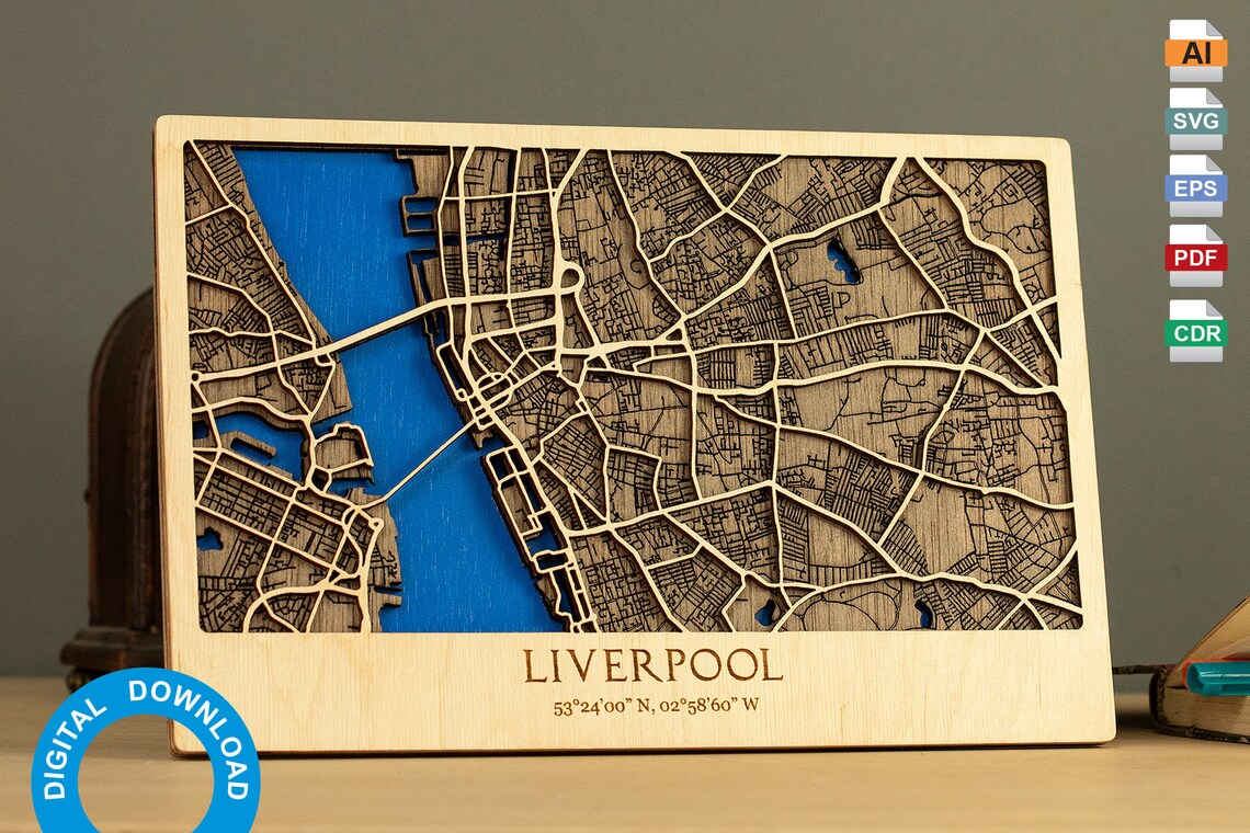 Liverpool 3D Laser Cut Map SVG - Multilayer UK Street Map Decor, Map ...