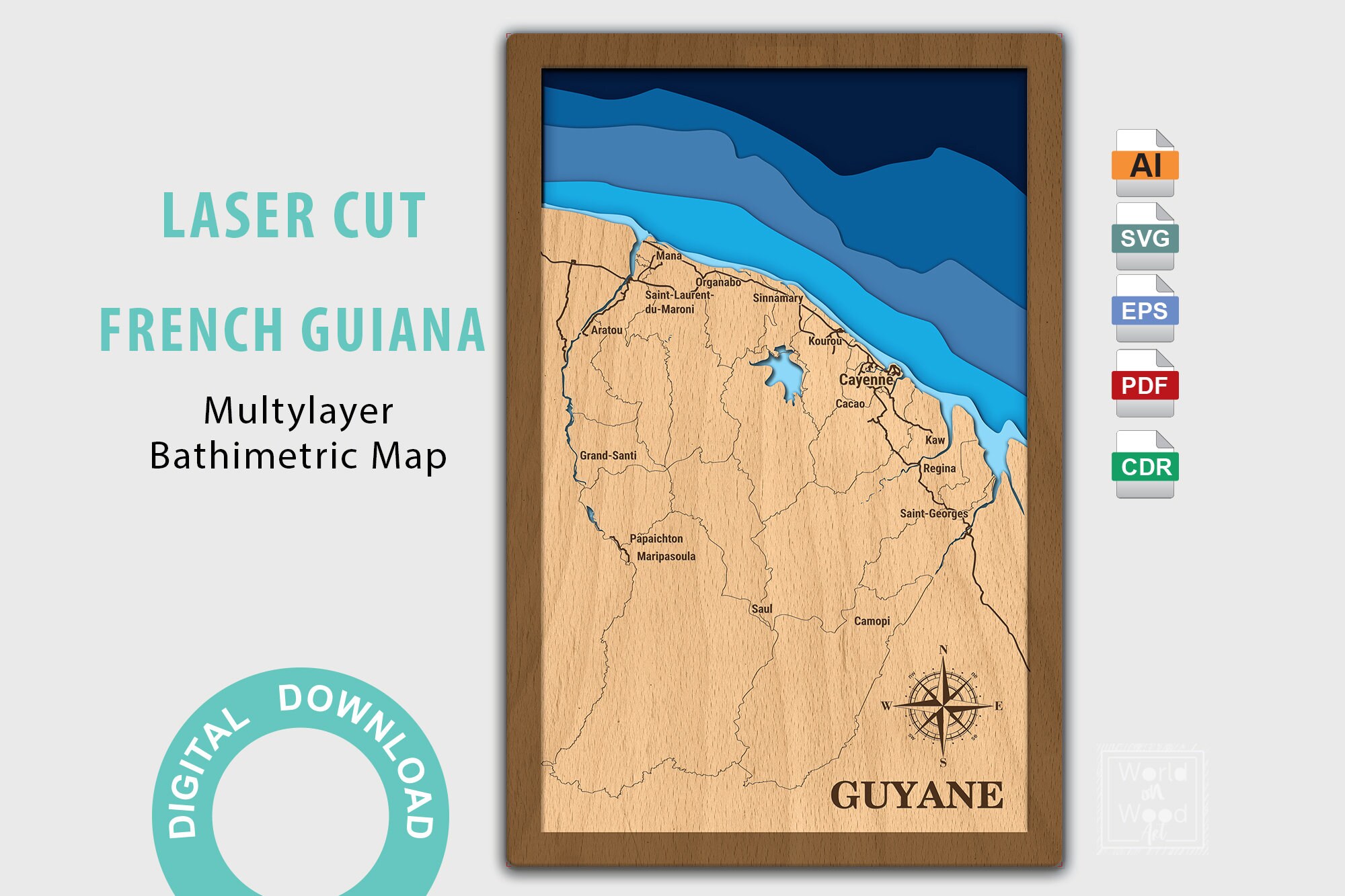 Digital File PDF, SVG, Ai French Guiana Map, Guyane South America Wood ...