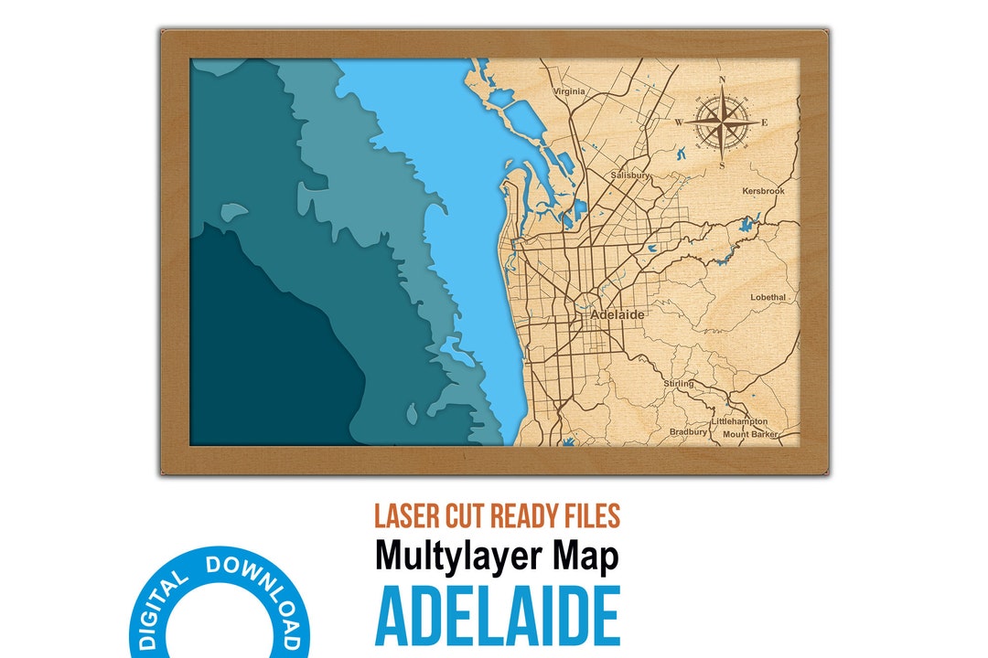 Digital File SVG, PDF - Adelaide, Australia Multilayer Vector Map, Wood ...