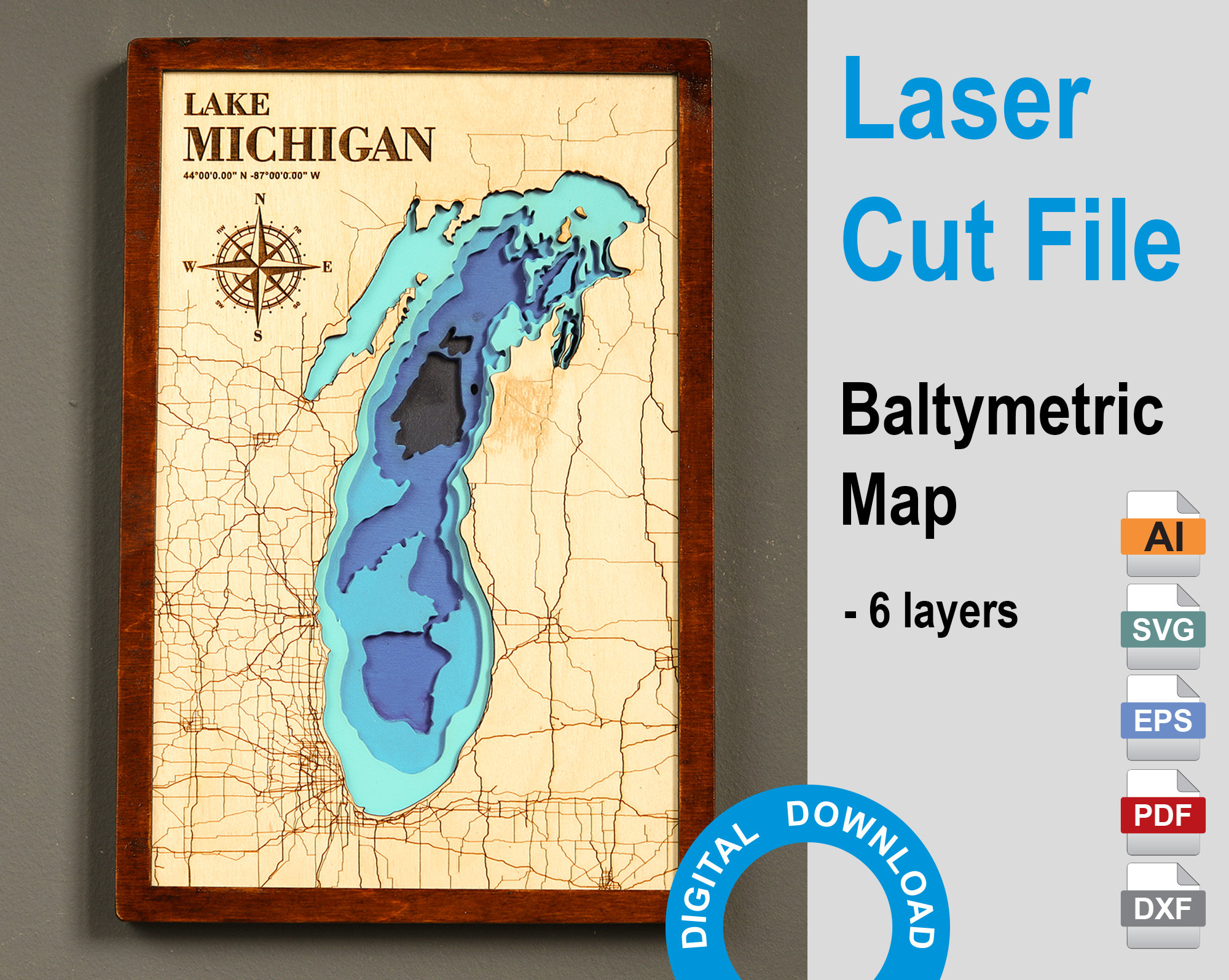 Lake Michigan Cutting Files, PDF, AI, SVG - Wood Multilayer Laser Cut ...