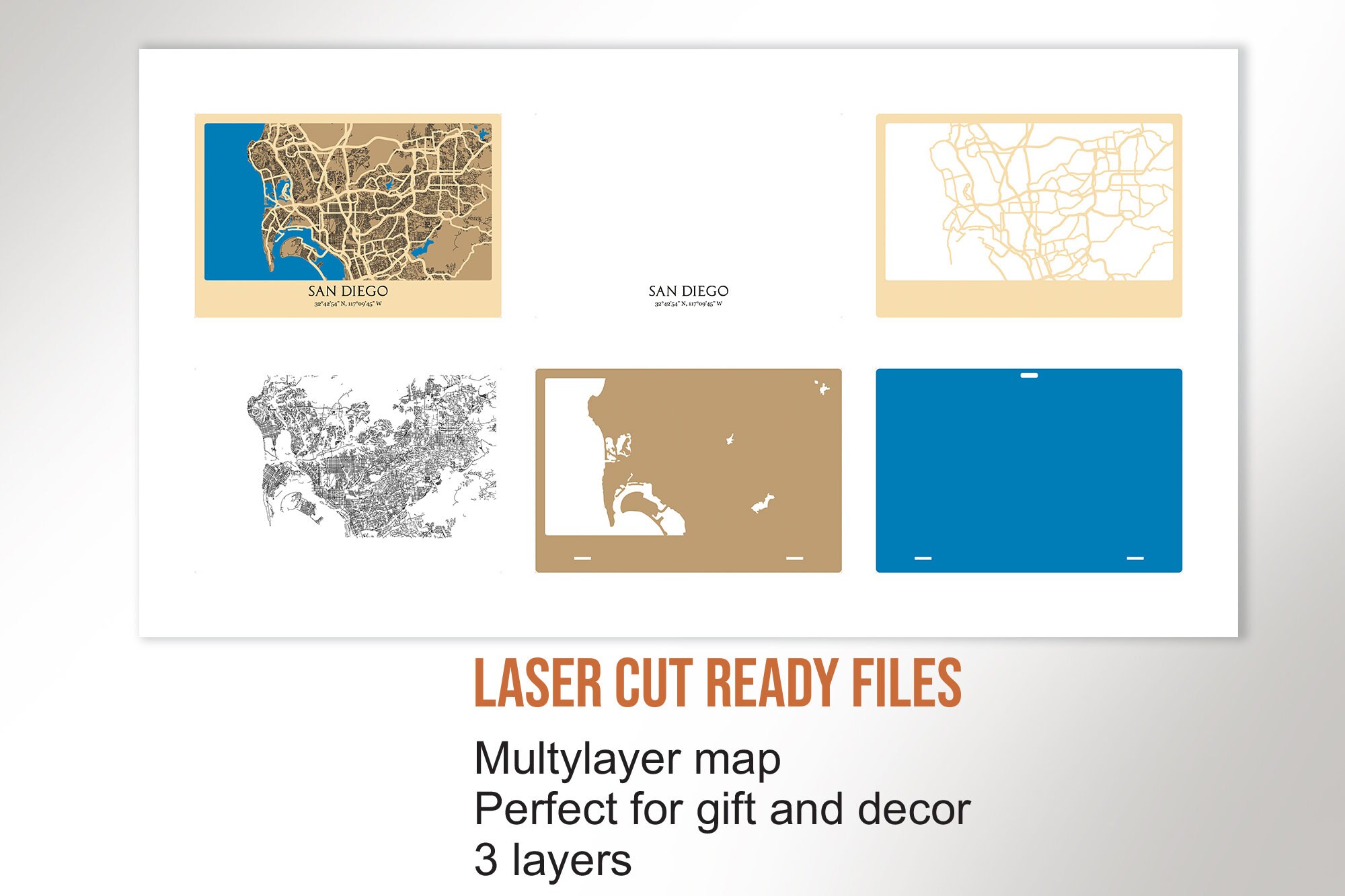 3D Laser Cut Map of San Diego Multi Layer Street Map Decor Laser Cut ...