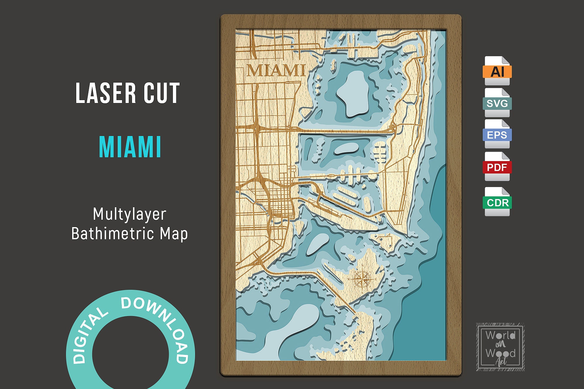 Biscayne Bay 3D Laser Cut Map, Miami Beach Map, Florida Bathymetric Map ...