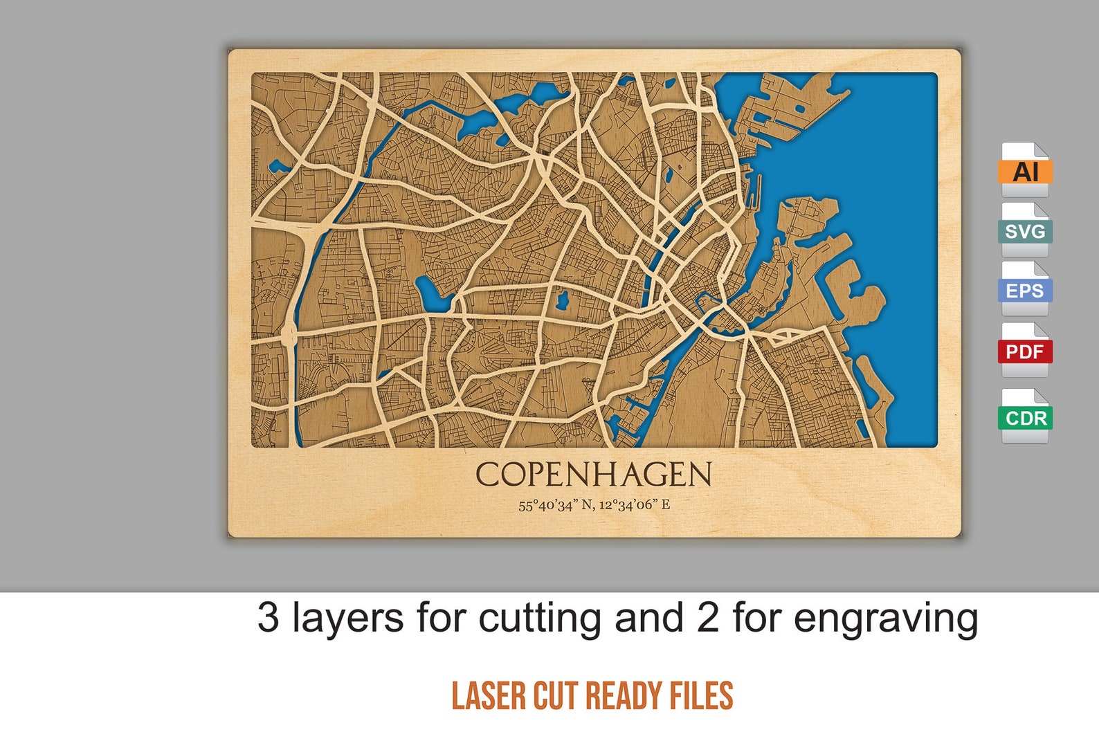 3D Laser Cut Map of Copenhagen - Multilayer Denmark Map Decor Laser Cut ...