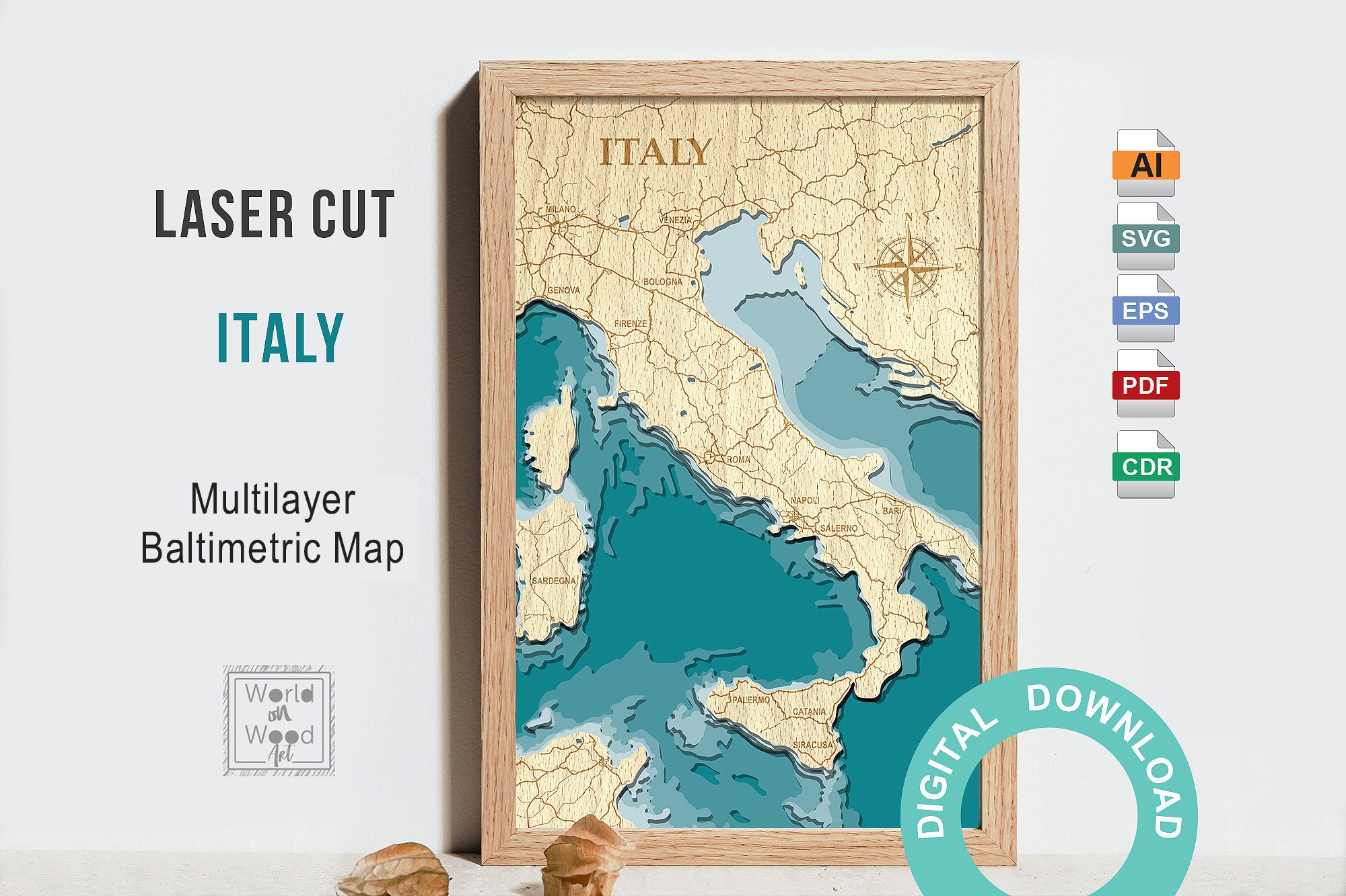 Digital File SVG, PDF - Italy Map, Multilayer Vector Map, Wood ...