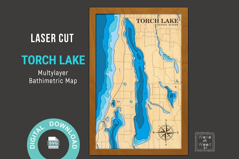 Torch Lake Map SVG, Wood Wall Decor, Torch Lake Michigan Bathymetric ...