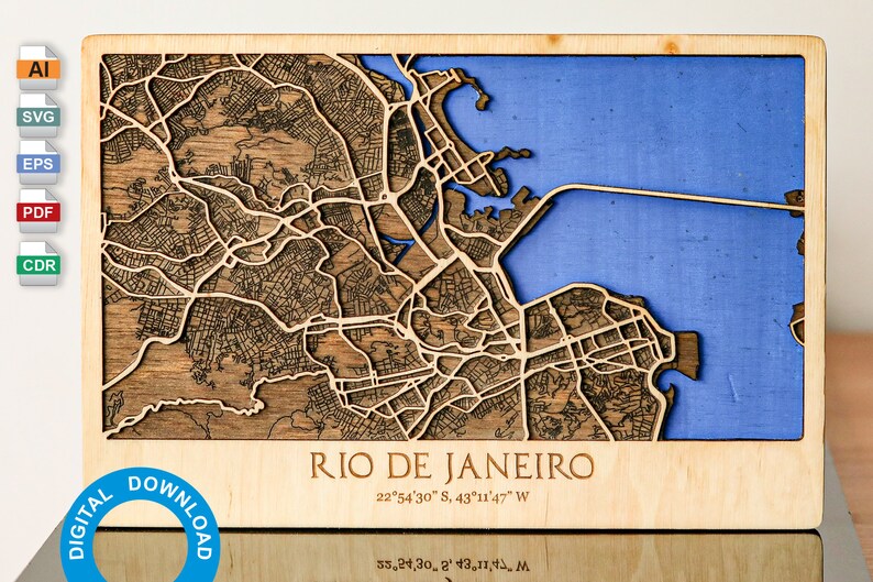 3D Laser Cut Map of Rio De Janeiro - Brazil Multi Layer Street Map ...