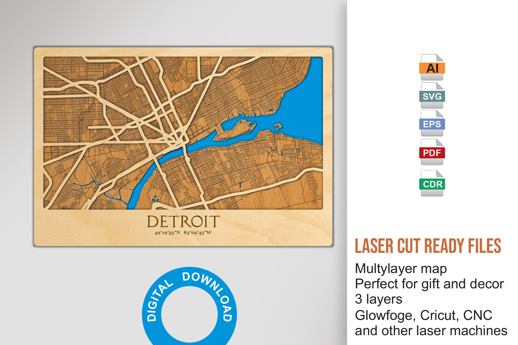 3D Laser Cut Map of Detroit Multi Layer Street Map Decor Laser Cut ...