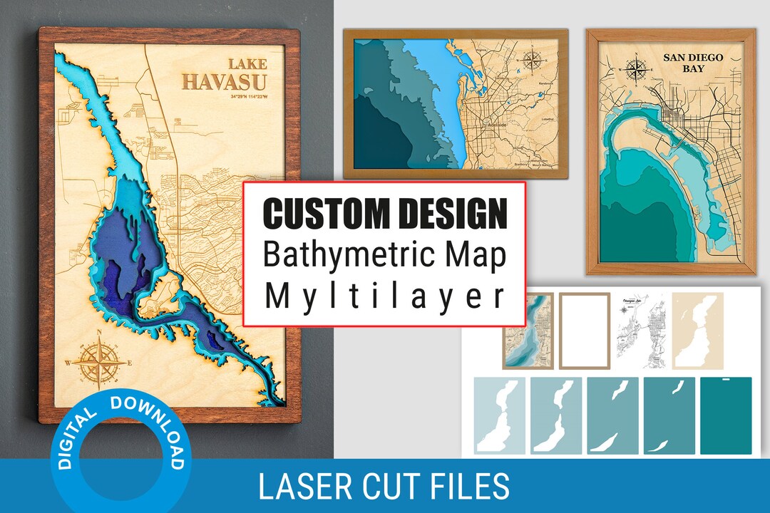 Custom Lake Bathymetric Map SVG, 3D Custom Map, Water Depth Layers ...