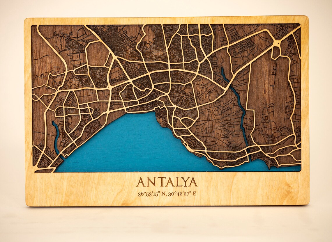 Antalya Street Map Wood, 3D City Plan Decor, Laser Cut City 3d, Turkey ...