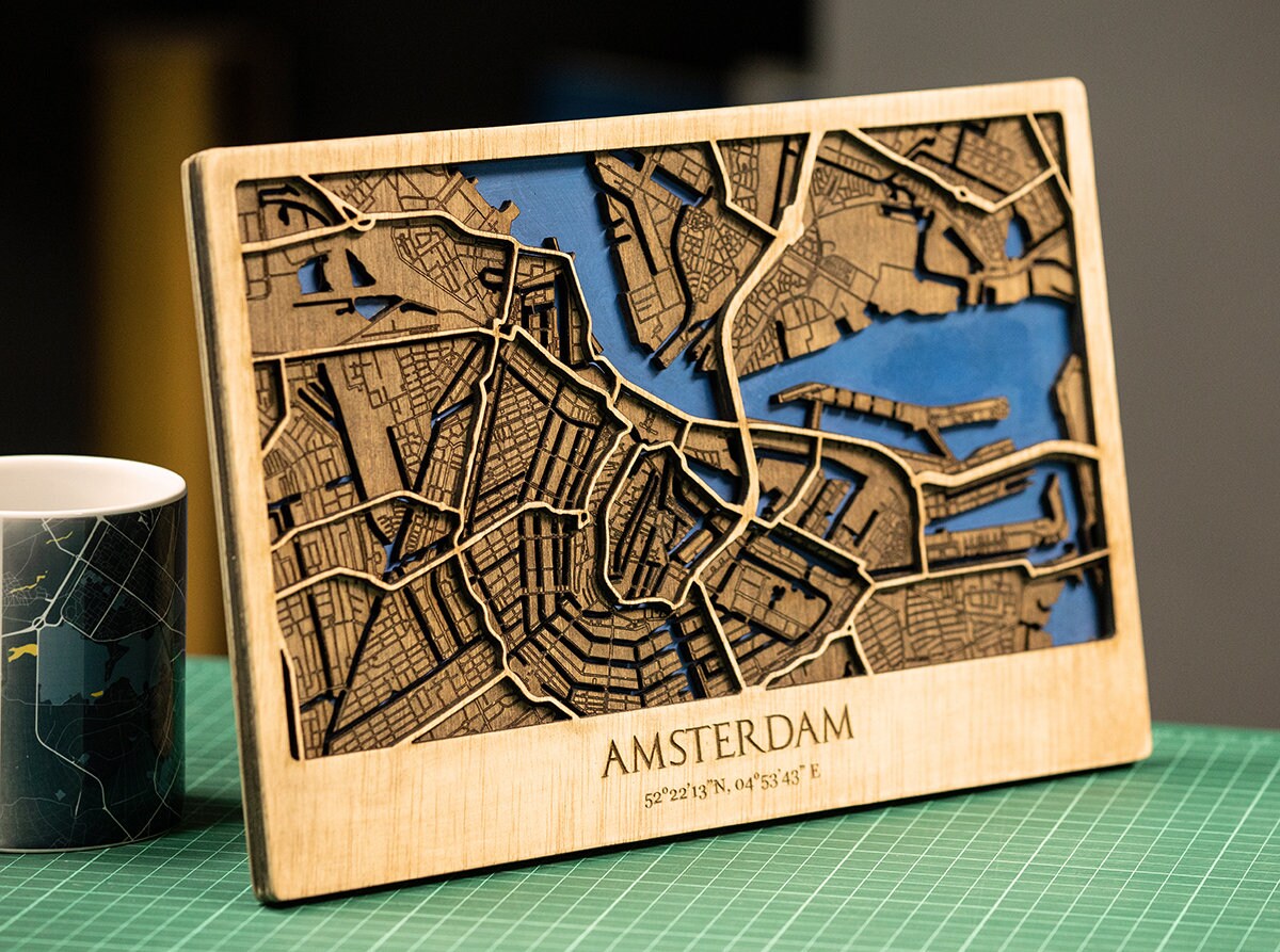 Amsterdam Street Map Wood, 3D City Map Gift, Street Cutouts 8x12 in Map ...