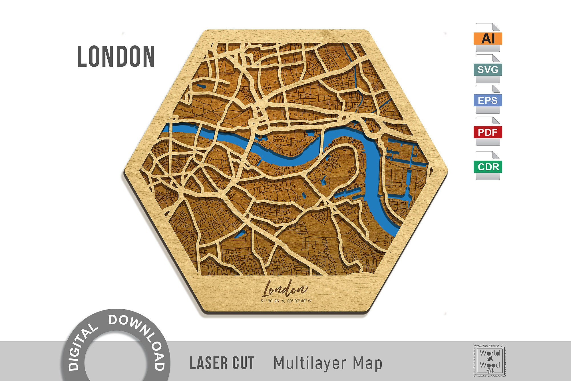 London Map SVG Laser Cut, Hexagon Map, 3D Hex Shape, Multilayer Street ...