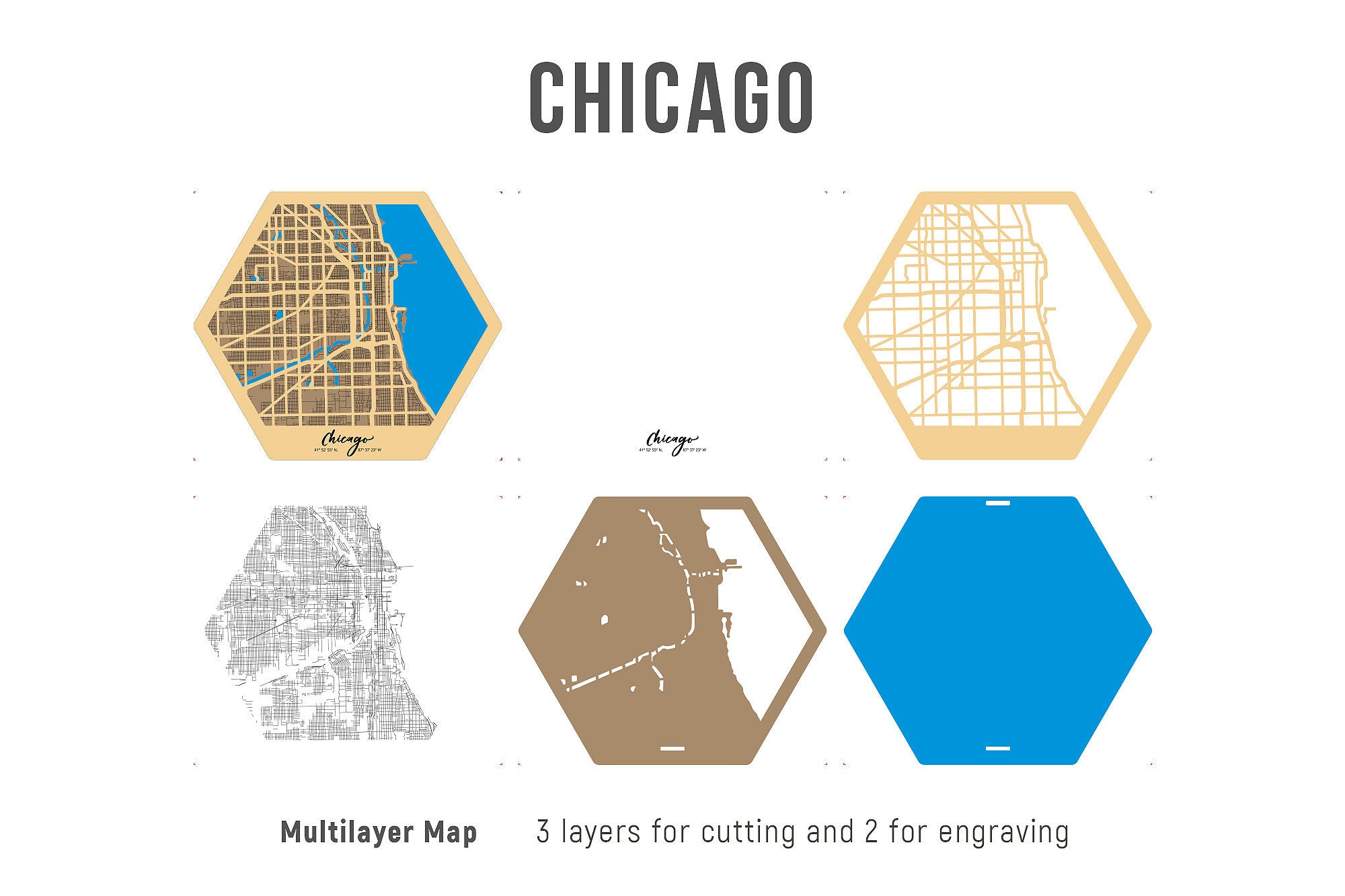 Laser Cut Chicago Map, Hexagon Map, 3D Hex Form, Multilayer Street Map ...
