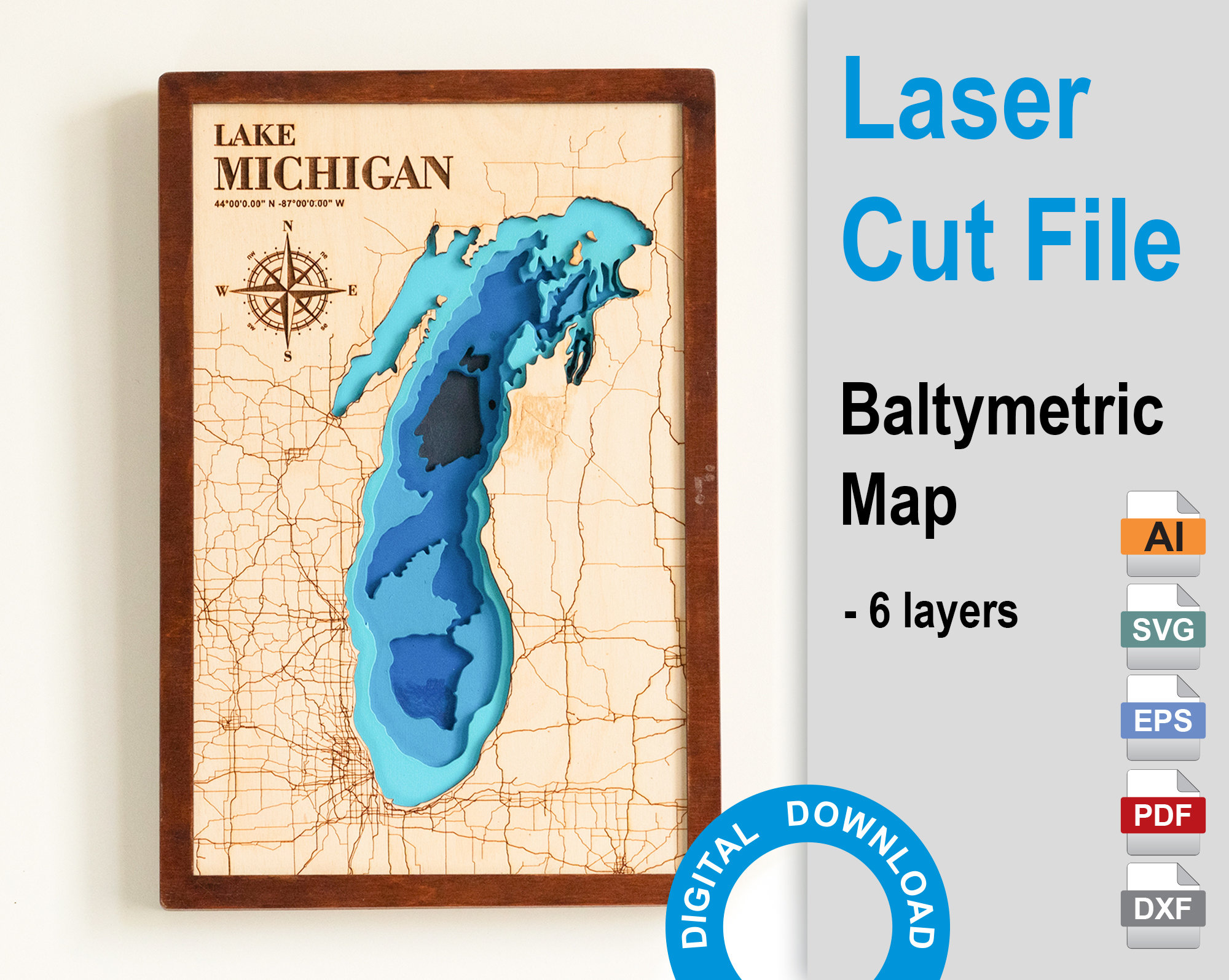 Lake Michigan Cutting Files, PDF, AI, SVG Wood Multilayer Laser Cut ...