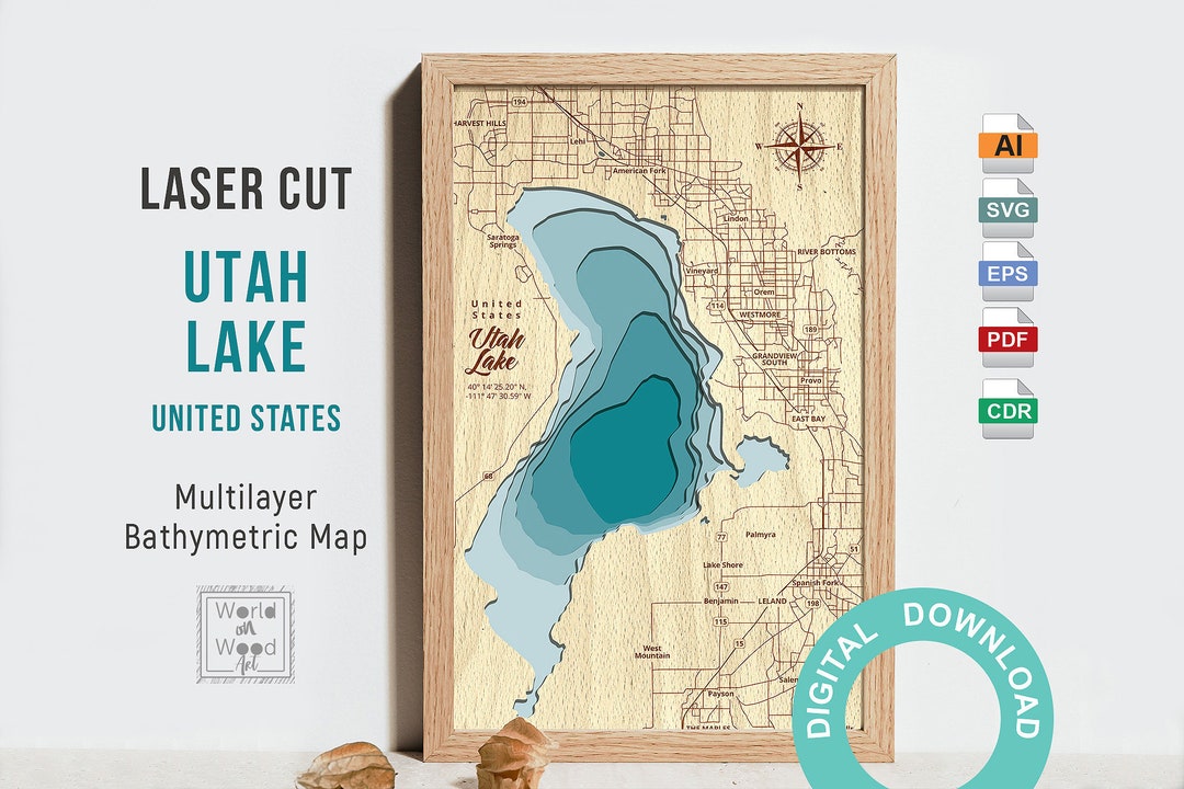 Digital File PDF, SVG, Ai - Utah Lake Map, Wood Map Bathymetric Depth ...