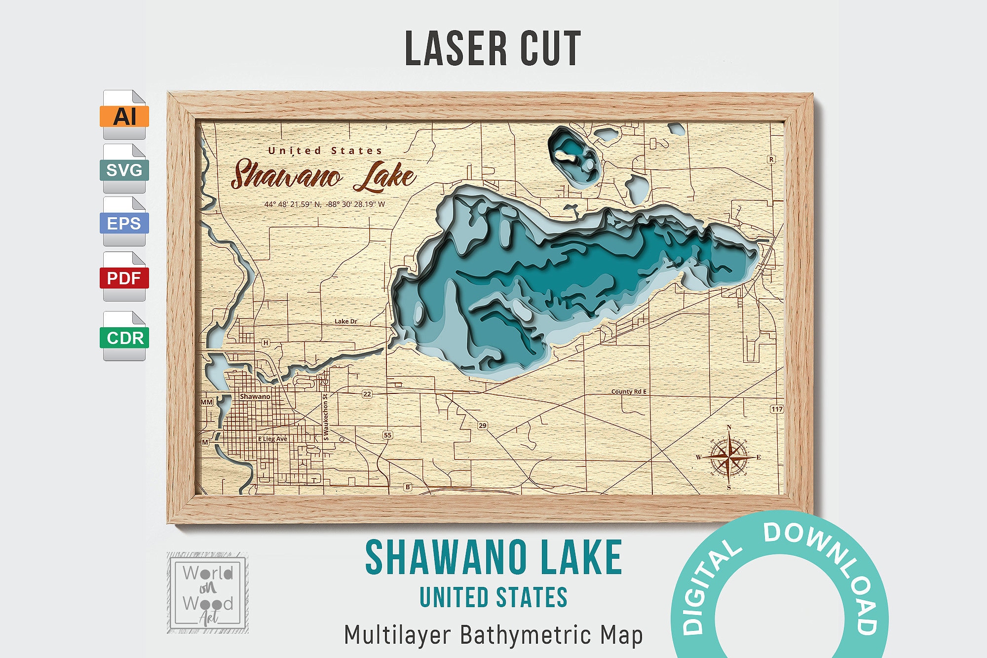 Digital File SVG, PDF - Shawano Lake Map, 3d Water Depth, Multilayer ...