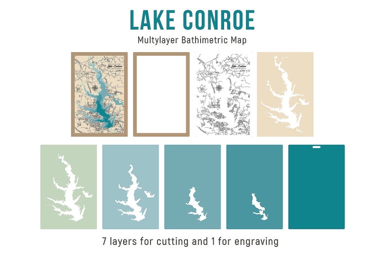 Digital File SVG, PDF - Lake Conroe Map, Texas, Multilayer Vector Map ...