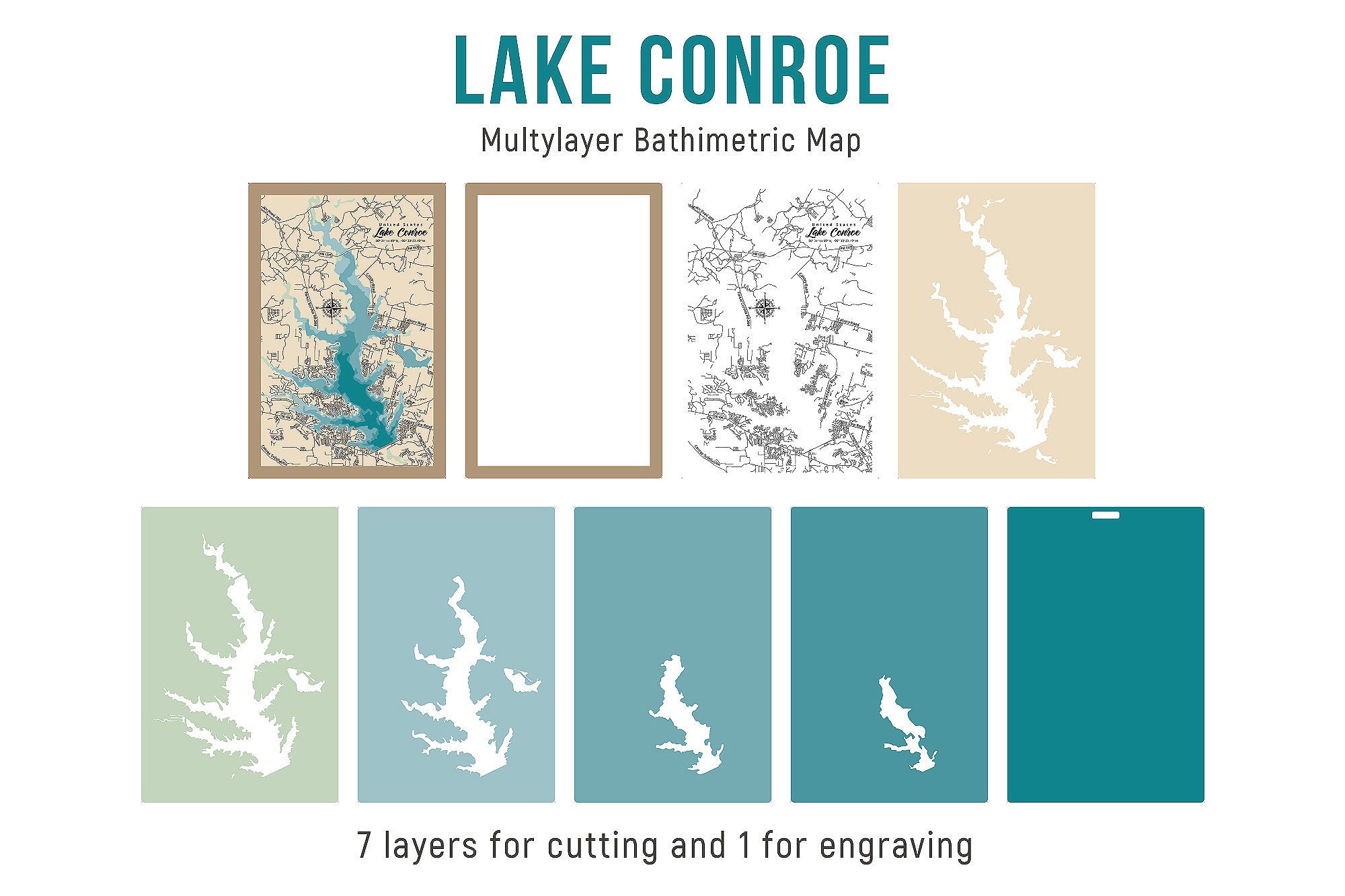 Digital File SVG, PDF - Lake Conroe Map, Texas, Multilayer Vector Map ...