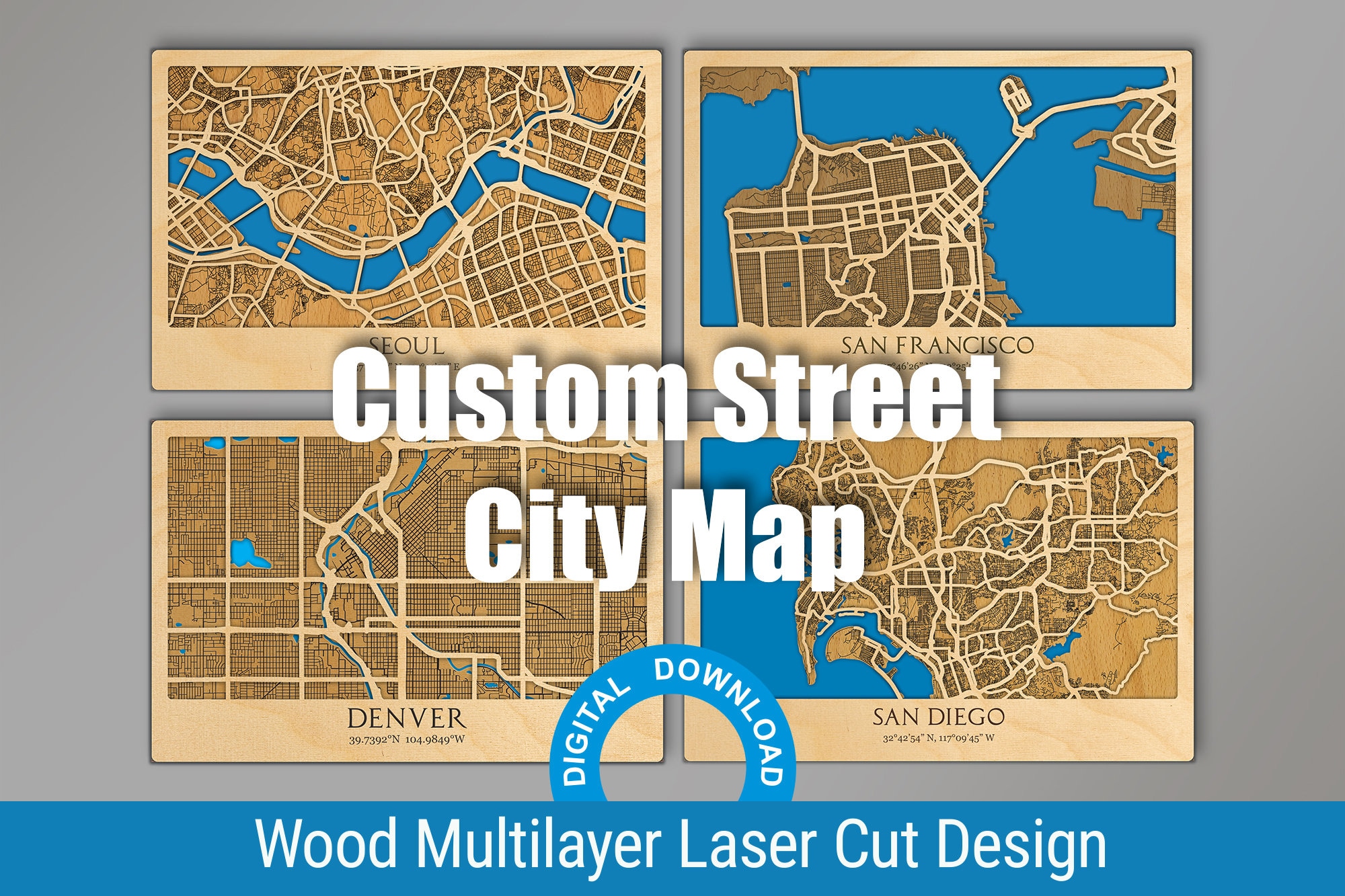 Custom City Street Map Digital File Laser, Svg, PDF, Wood Multilayer ...