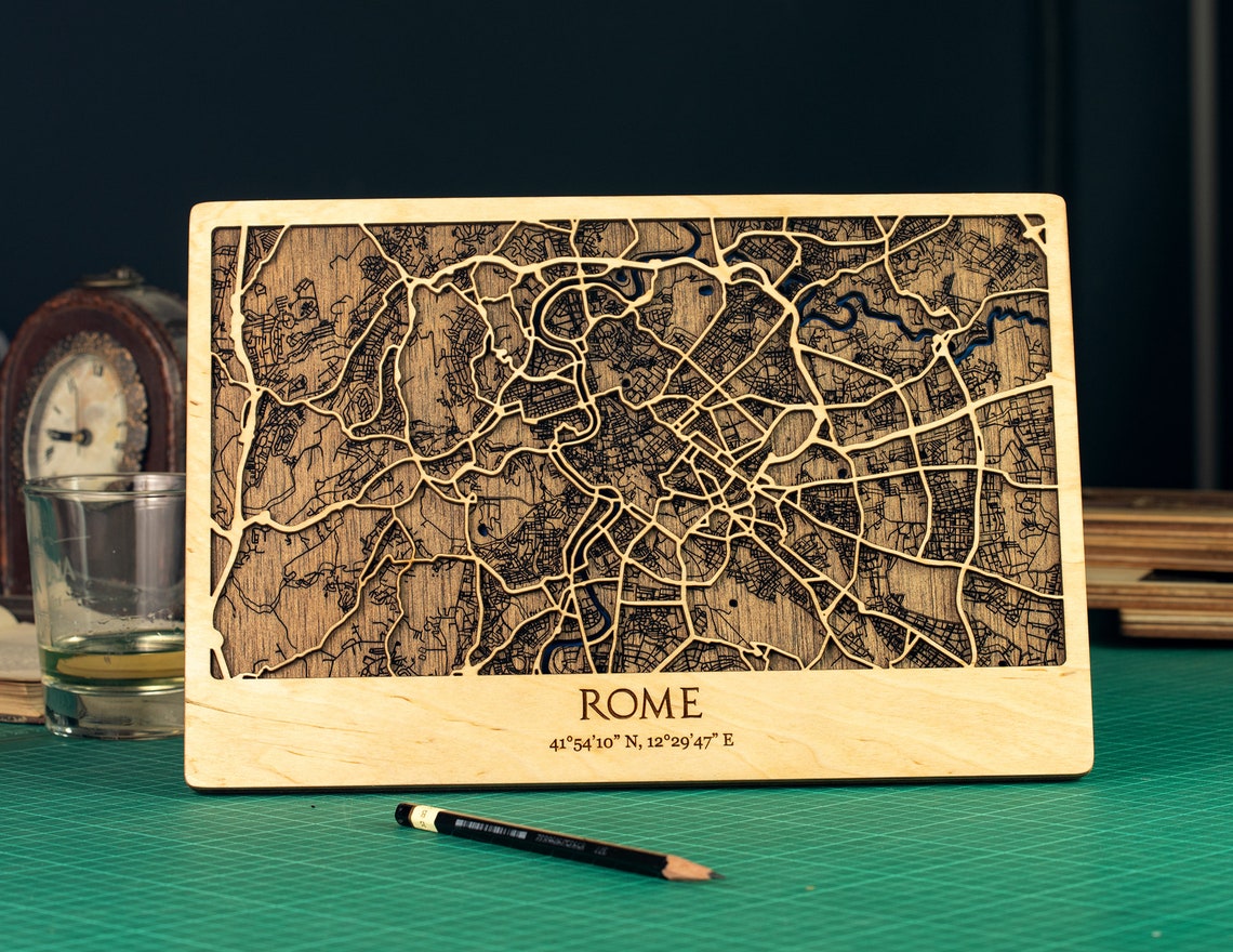 Rome Wood Map, Street 3D Maps Travel Art, Urban Map of Rome, Wooden Map ...