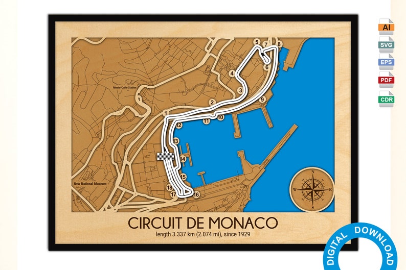 Monaco Circuit Map Cutting Files, PDF, AI, SVG - Wood Multilayer Laser ...