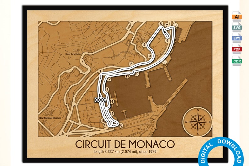 Monaco Circuit Map Cutting Files, PDF, AI, SVG - Wood Multilayer Laser ...