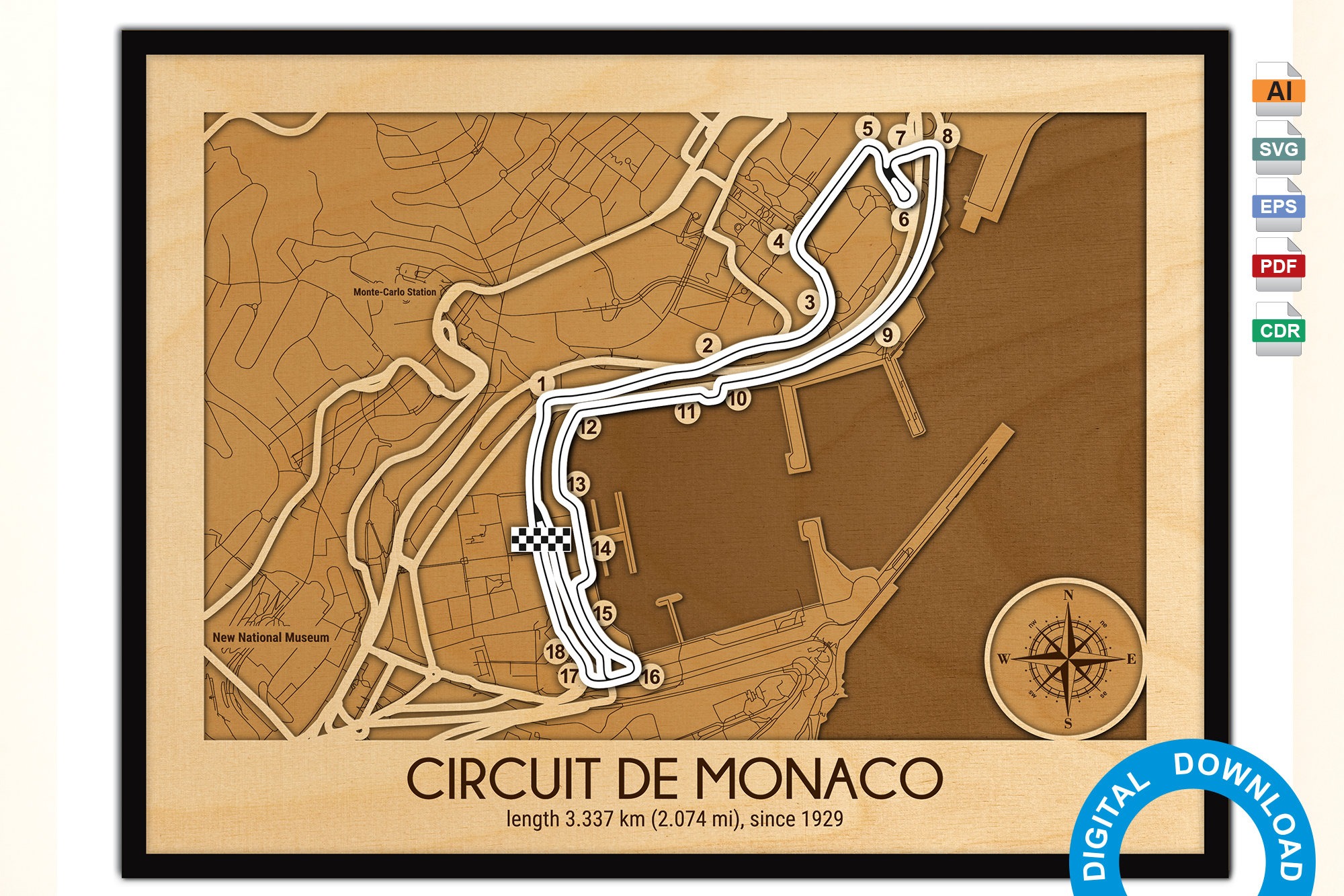 Monaco Circuit Map Cutting Files, PDF, AI, SVG - Wood Multilayer Laser ...