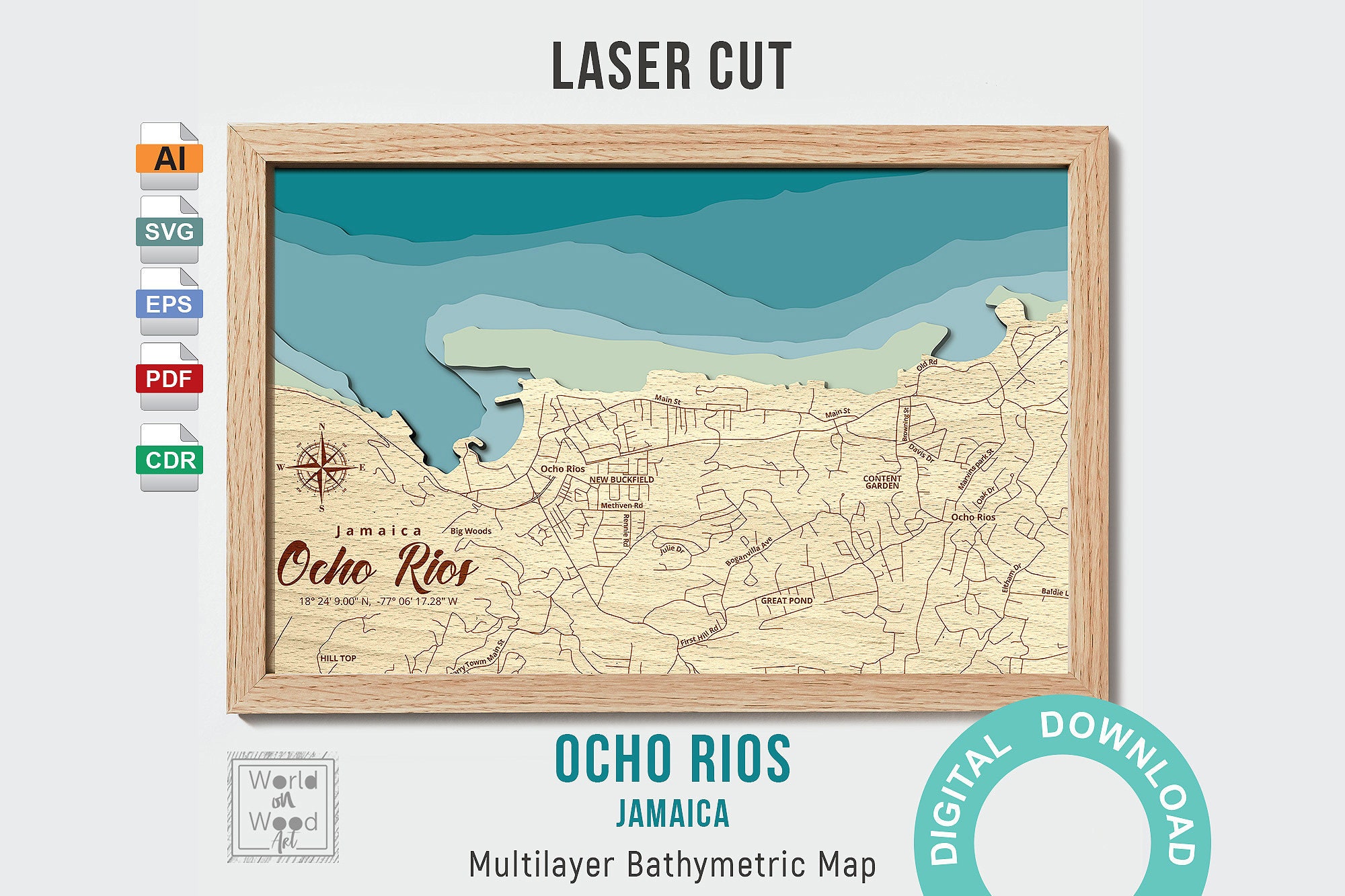 Ocho Rios Map SVG, Laser Cut Files, Layers Depth, Jamaica Multilayer ...