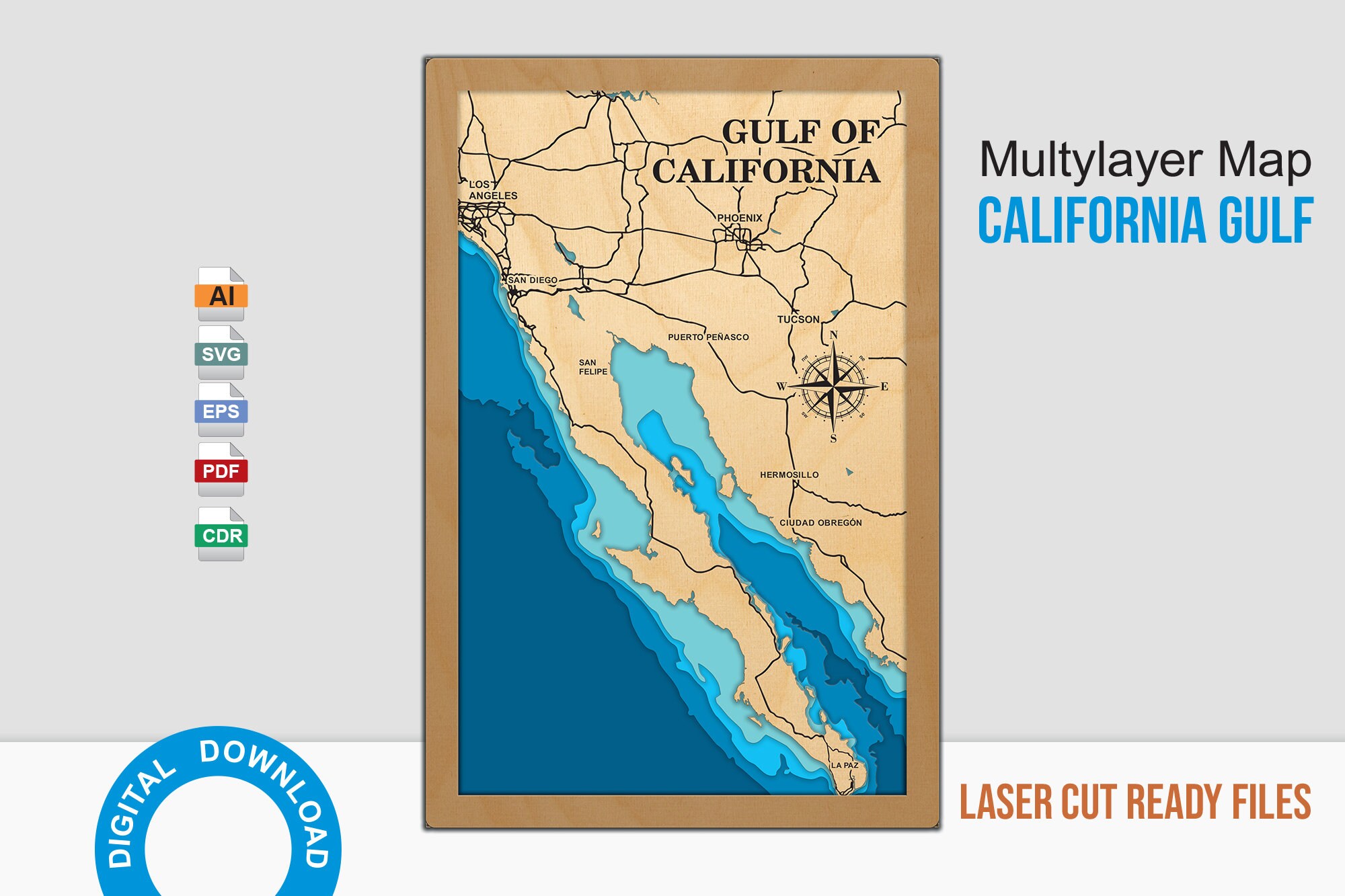 Digital File SVG, PDF Gulf of California Map, Multilayer Vector Map ...