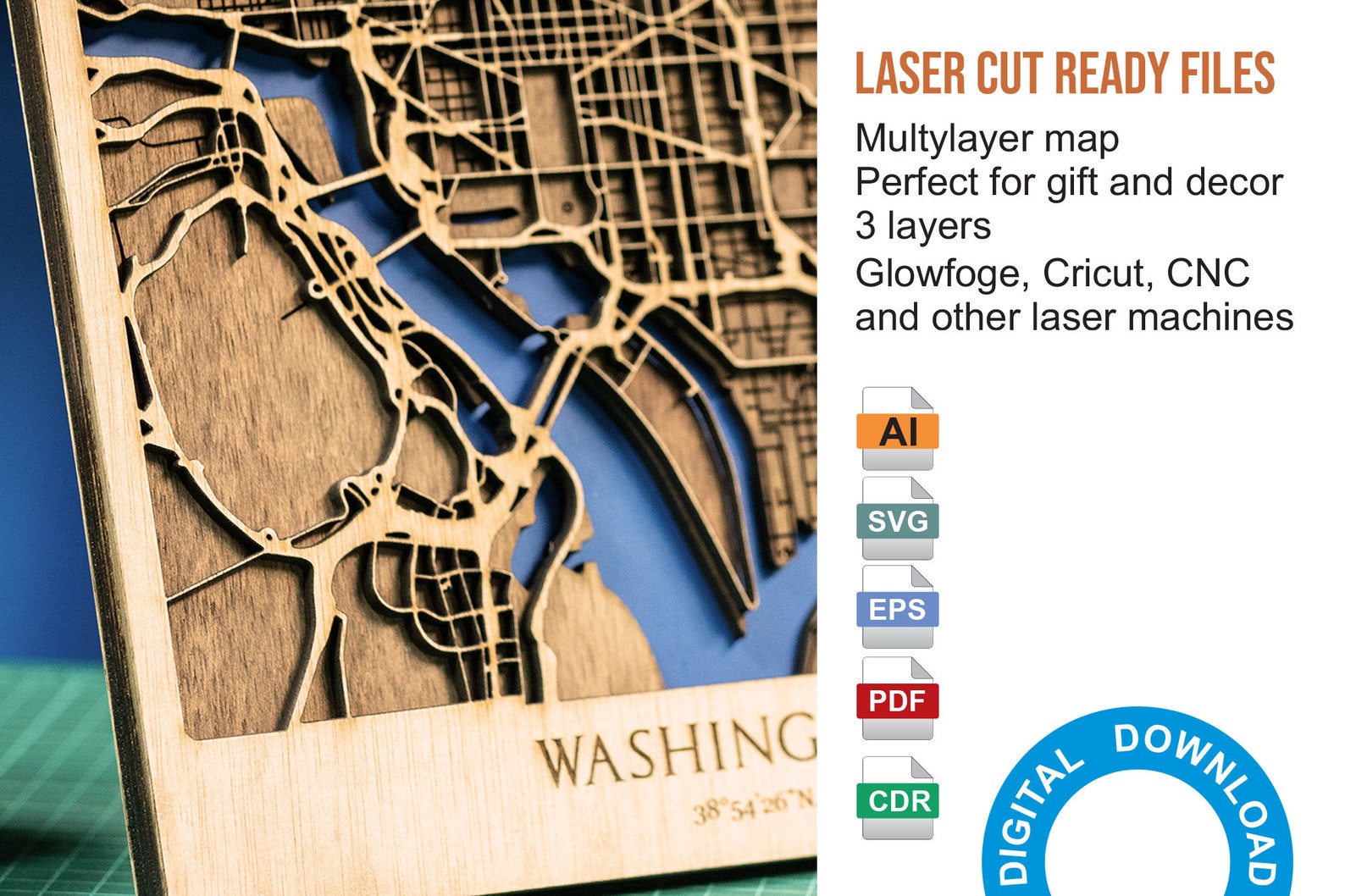 3D Laser Cut Map of Washington D.C. - Multilayer Street Map Decor Laser ...