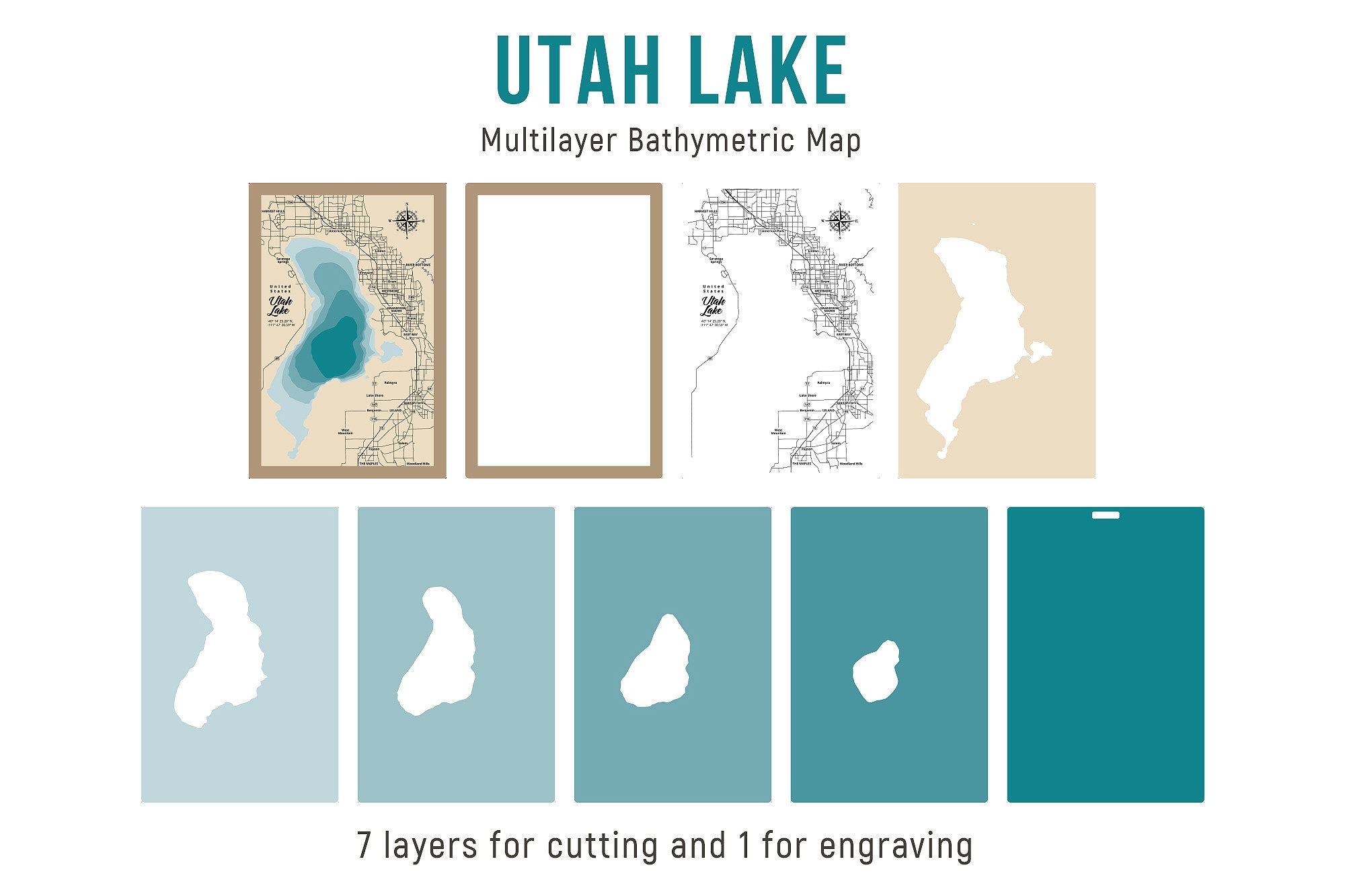 Digital File PDF, SVG, Ai Utah Lake Map, Wood Map Bathymetric Depth ...