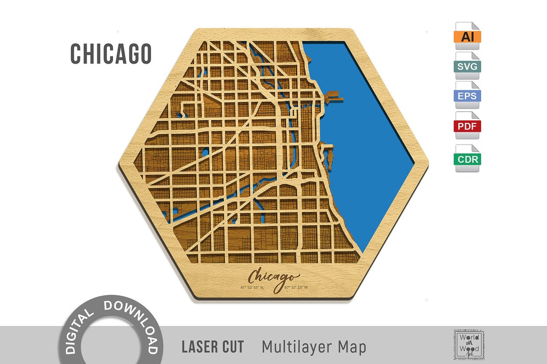 Laser Cut Chicago Map, Hexagon Map, 3D Hex Form, Multilayer Street Map ...