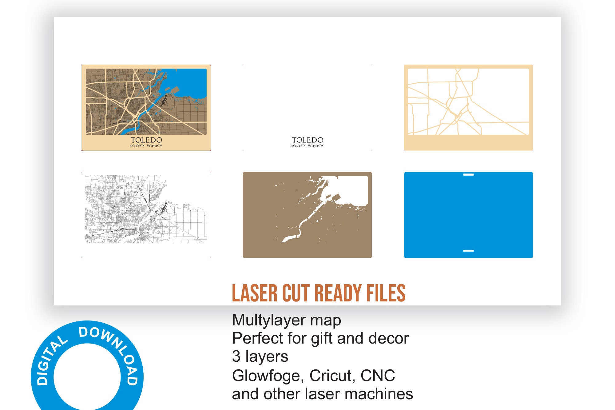 3D Laser Cut Map of Toledo, Ohio Multi Layer Street Map, Wood Decor ...