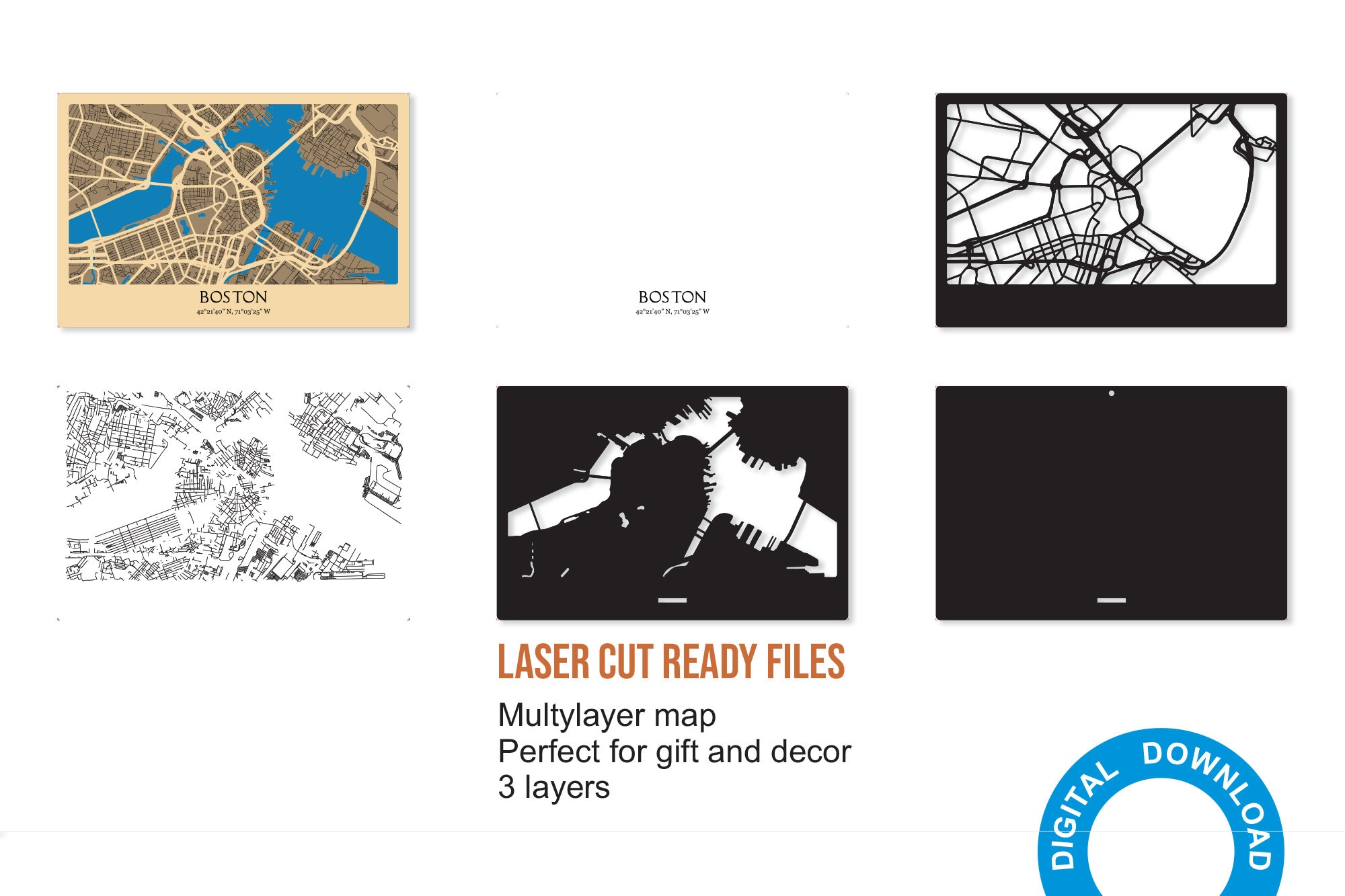 3D Laser Cut Map of Boston Multilayer Map Decor Laser Cut Digital Files PDF, Svg, Eps, Ai, Cdr ...