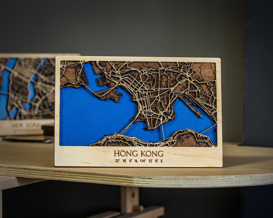 Hong Kong Wood Map, Streets City 3D Maps Travel Wall Art, Street ...