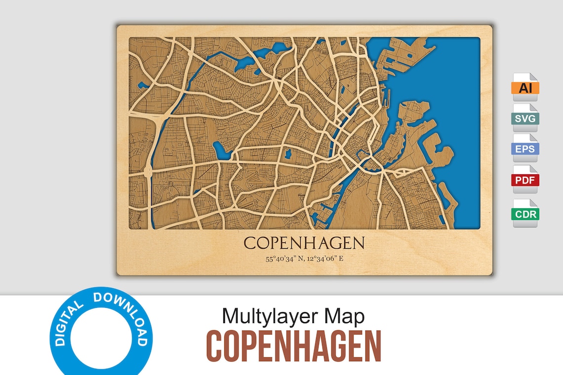 3D Laser Cut Map of Copenhagen Multilayer Denmark Map Decor Laser Cut ...