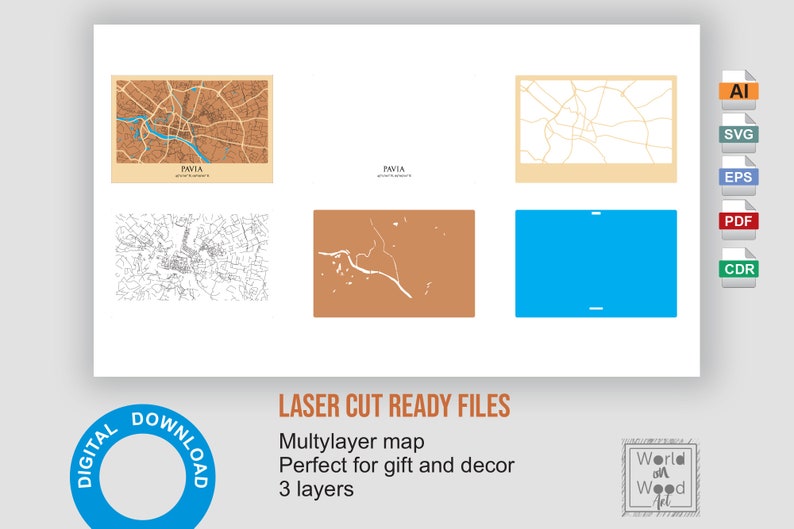 3D Laser Cut Map of Pavia Multilayer Map Decor Laser Cut Digital Files PDF, Svg, Eps, Ai, Cdr - Etsy