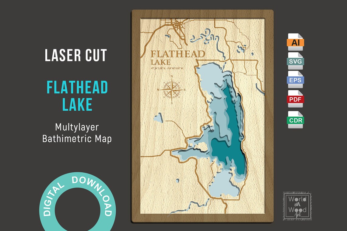 Digital File Svg, Pdf - Flathead Lake 3D Laser Cut Bathymetric Map ...