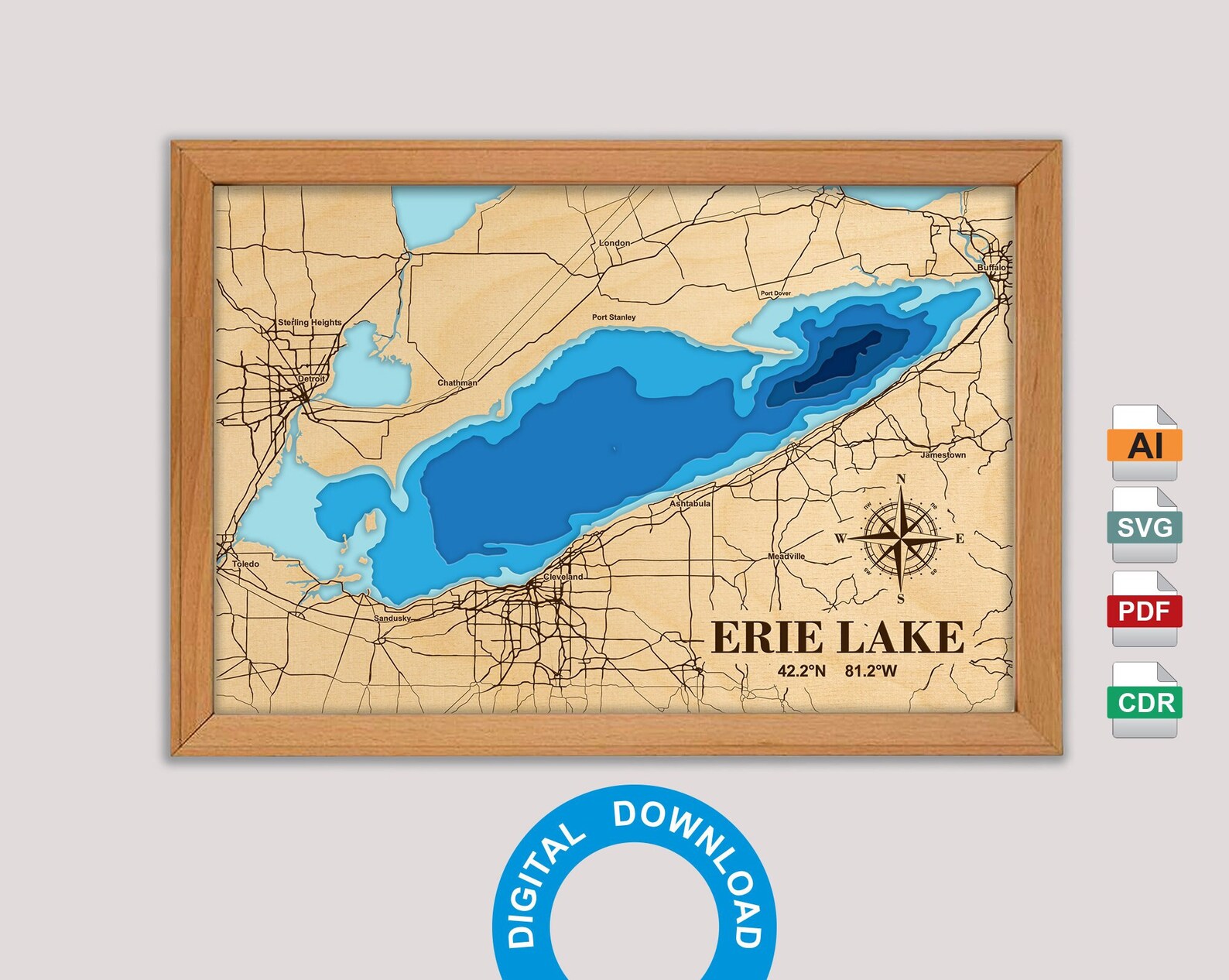 3D Laser Cut Lake Erie Bathymetric Map Digital File - PDF, AI, SVG, Cdr ...