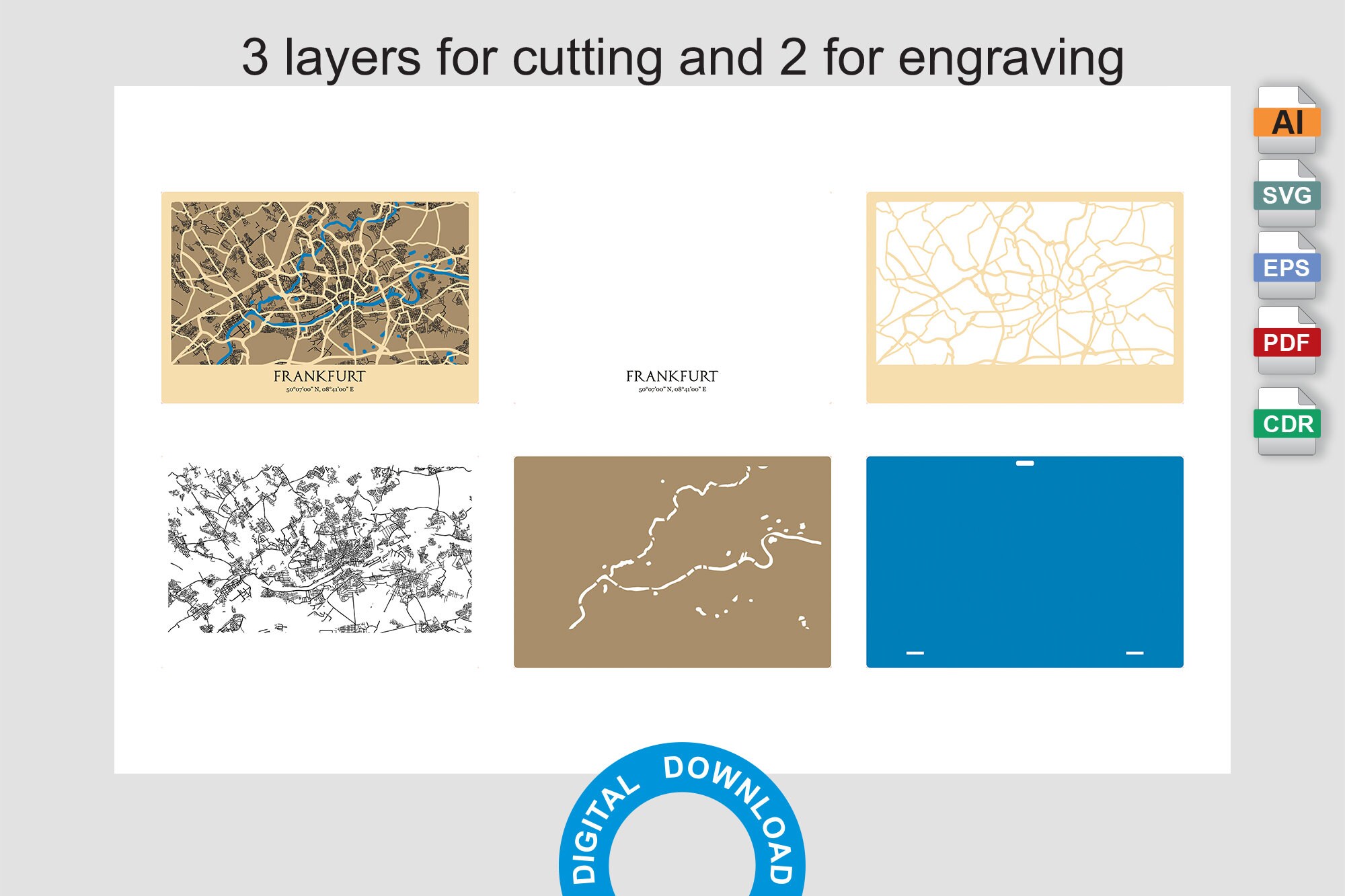 3D Laser Cut Map of Frankfurt Multilayer Map Decor Laser Cut Digital ...