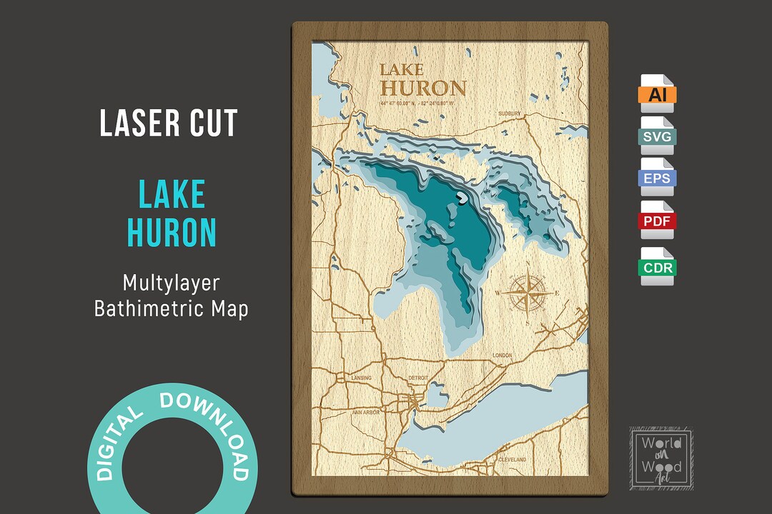 3D Laser Cut Lake Huron Bathymetric Map Digital File - PDF, AI, SVG ...