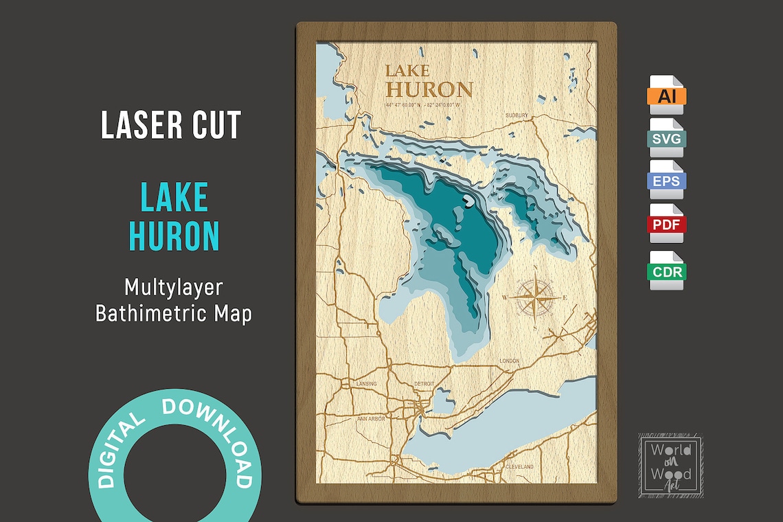 3D Laser Cut Lake Huron Bathymetric Map Digital File PDF, AI, SVG, Cdr ...