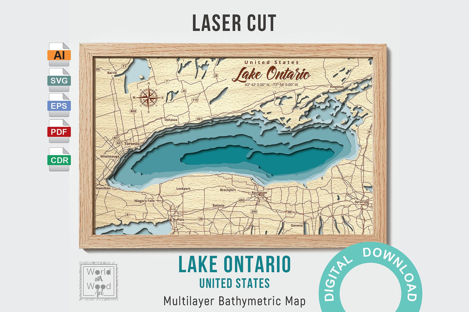 Digital File PDF, SVG - Lake Ontario Map, Great Lakes Wood Map ...